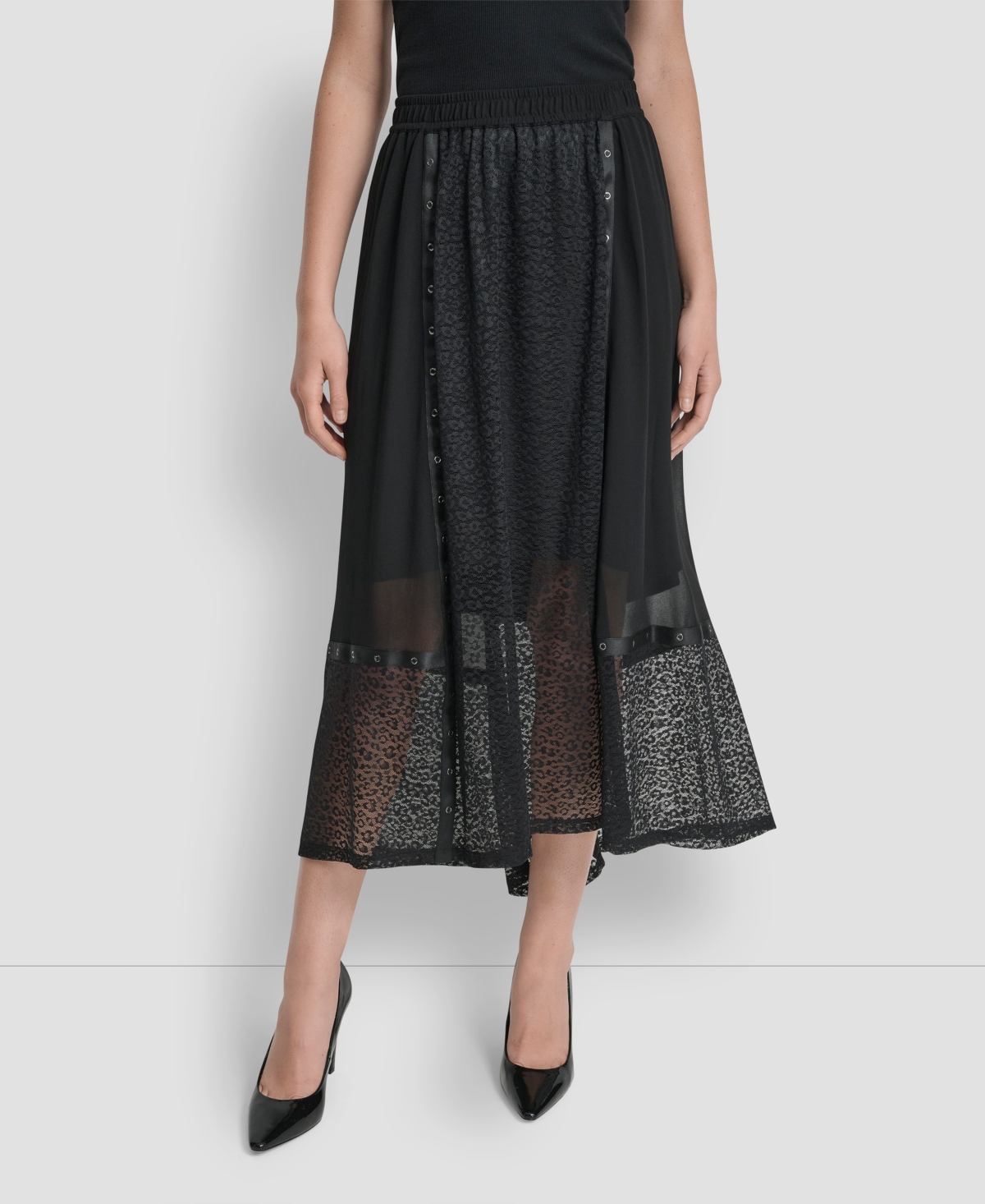 Click here for Dkny Womens Leopard Mesh Asymmetric Midi Skirt - B... prices
