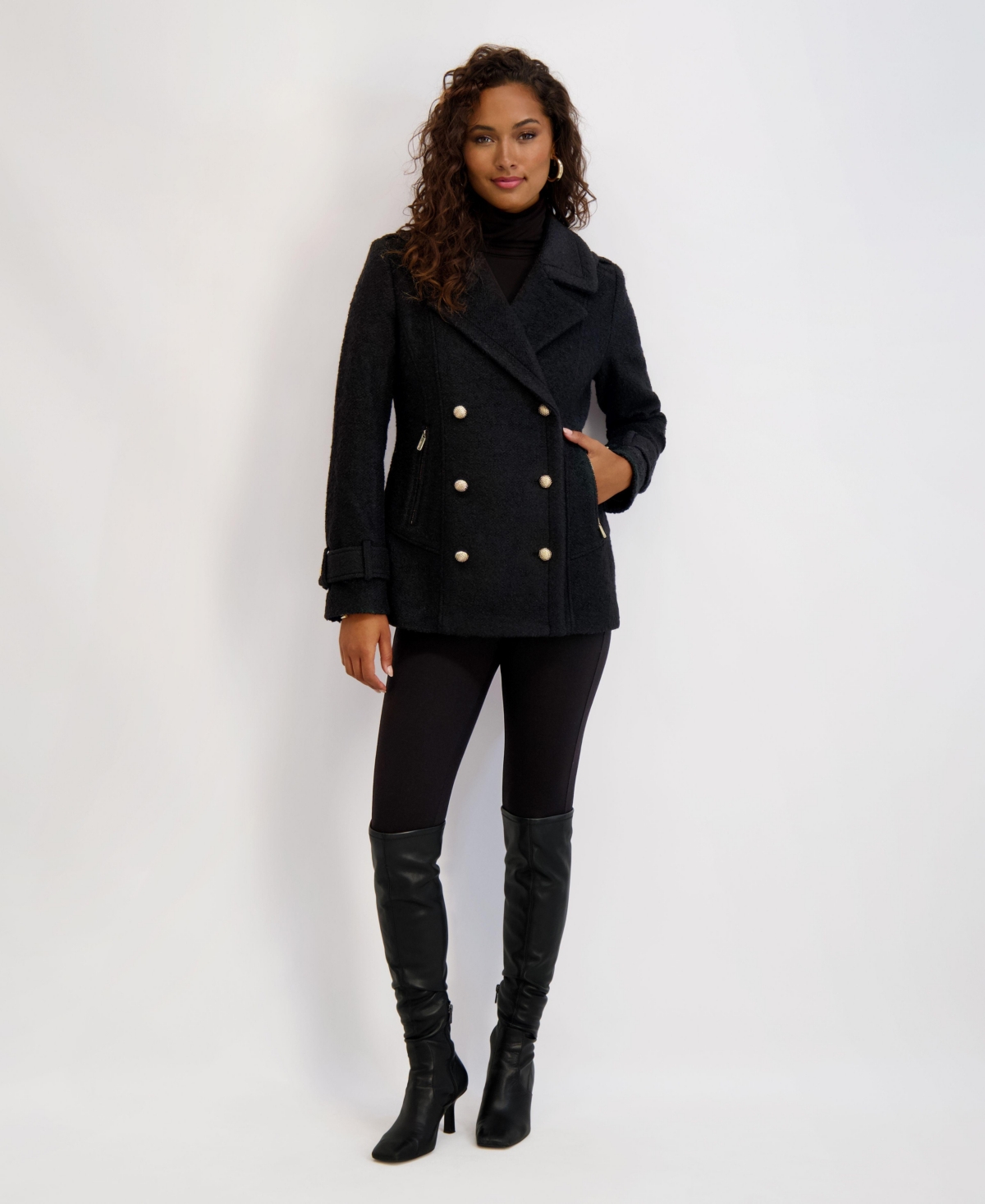 Click here for Kensie Boucle Peacoat with Gold Accents - Black prices