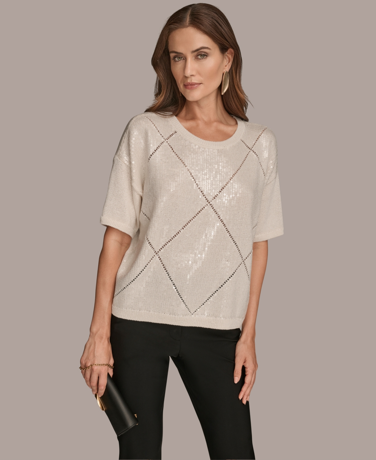 Donna Karan New York Womens Short Sleeve Sequin Sweater - Cream