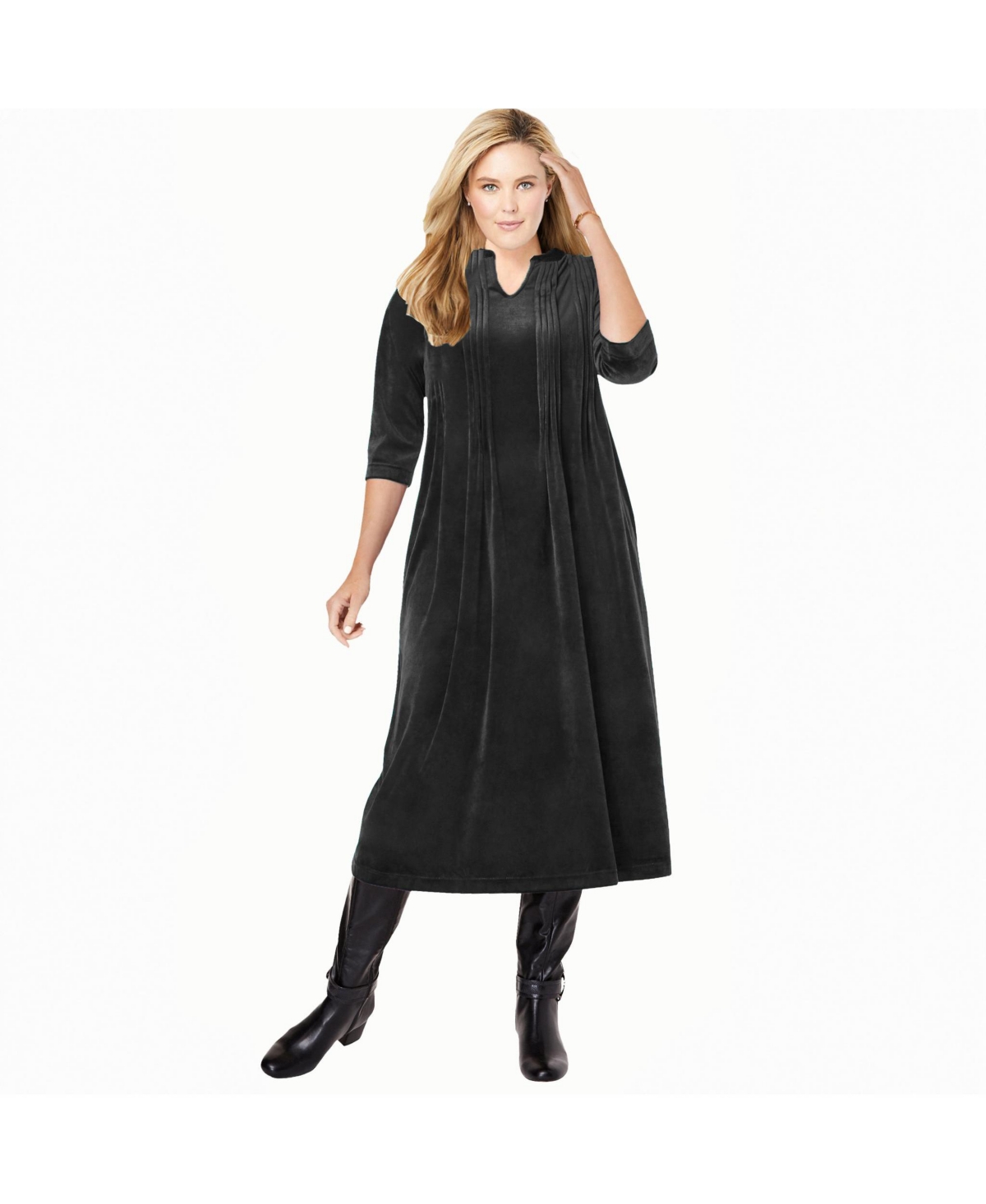 Click here for Woman Within Plus Size Pintuck Velour Dress - Blac... prices