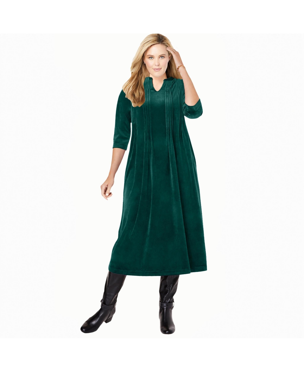Click here for Woman Within Plus Size Pintuck Velour Dress - Emer... prices