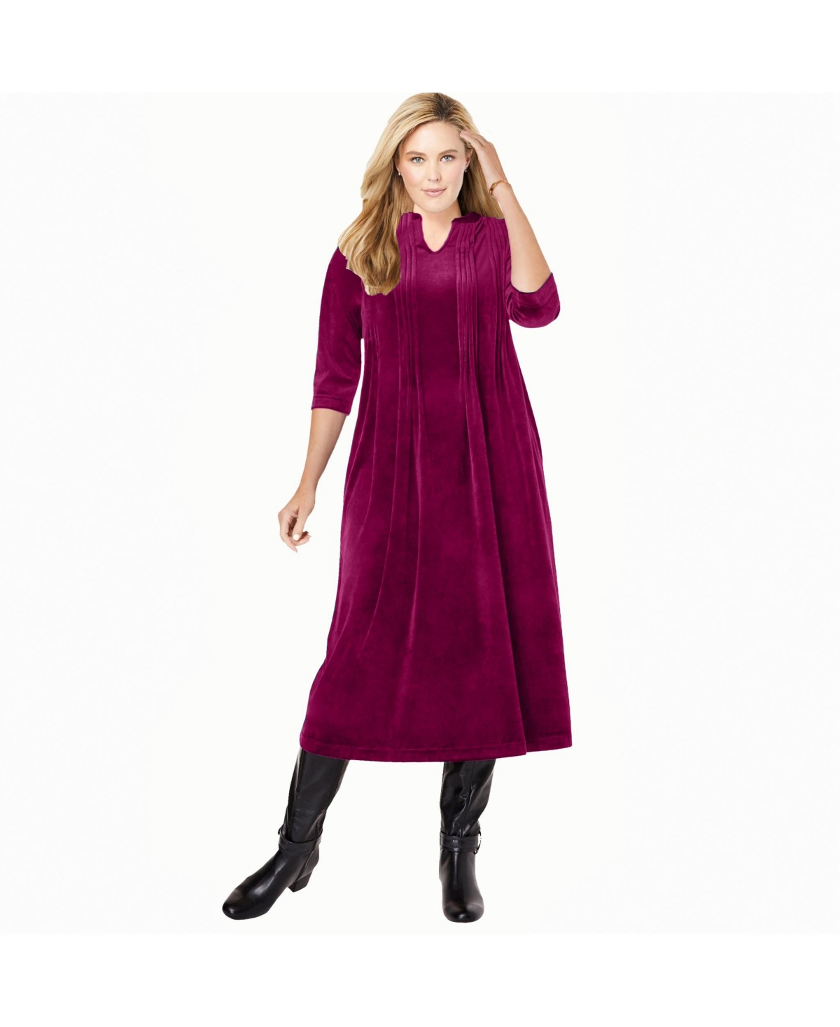 Click here for Woman Within Plus Size Pintuck Velour Dress - Deep... prices