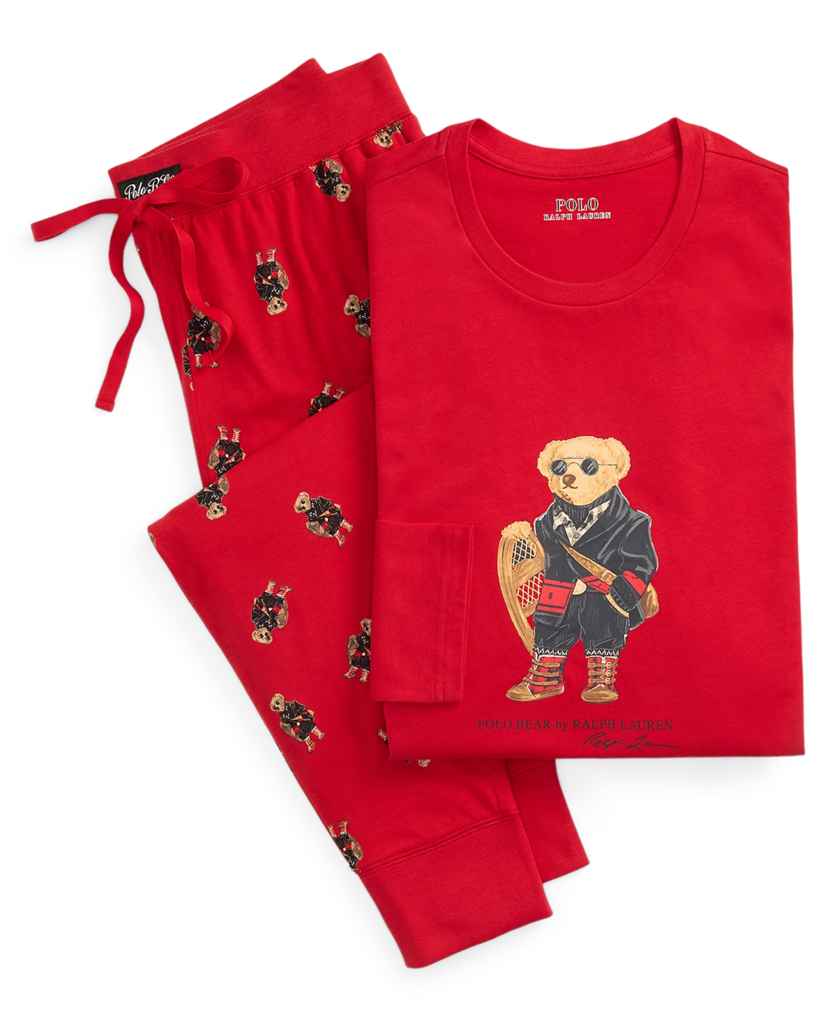 Polo Ralph Lauren Mens 2-Piece Long Sleeve Crew T-Shirt and Joggers Pajama Set - Red/Holiday 25 Bear
