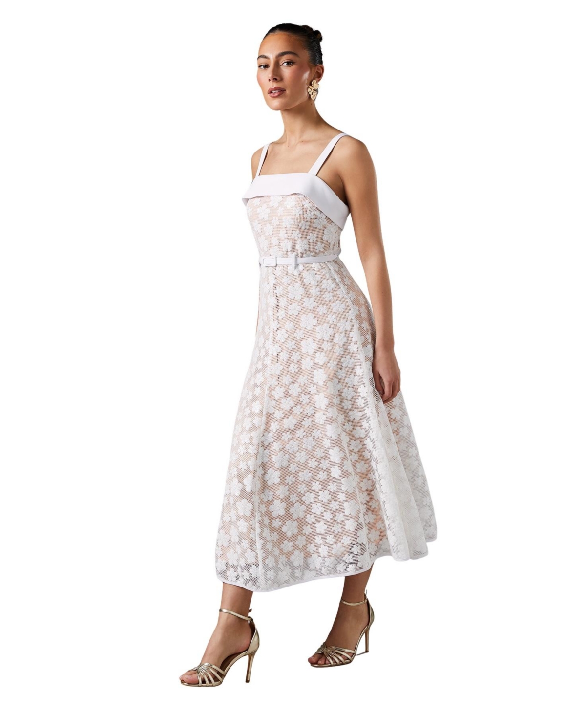 Click here for Coast Womens Mesh Sequin Belted Midi Dress - White prices