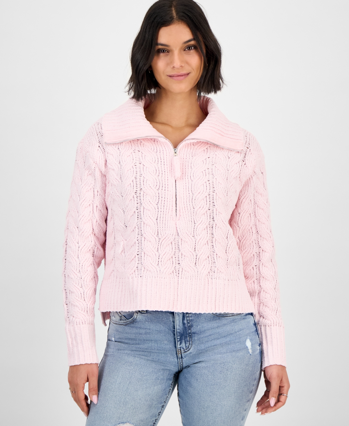 Click here for Hippie Rose Juniors Chenille Cable-Knit Half-Zip S... prices
