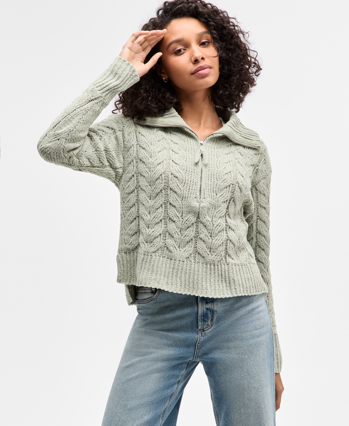 Click here for Hippie Rose Juniors Chenille Cable-Knit Half-Zip S... prices