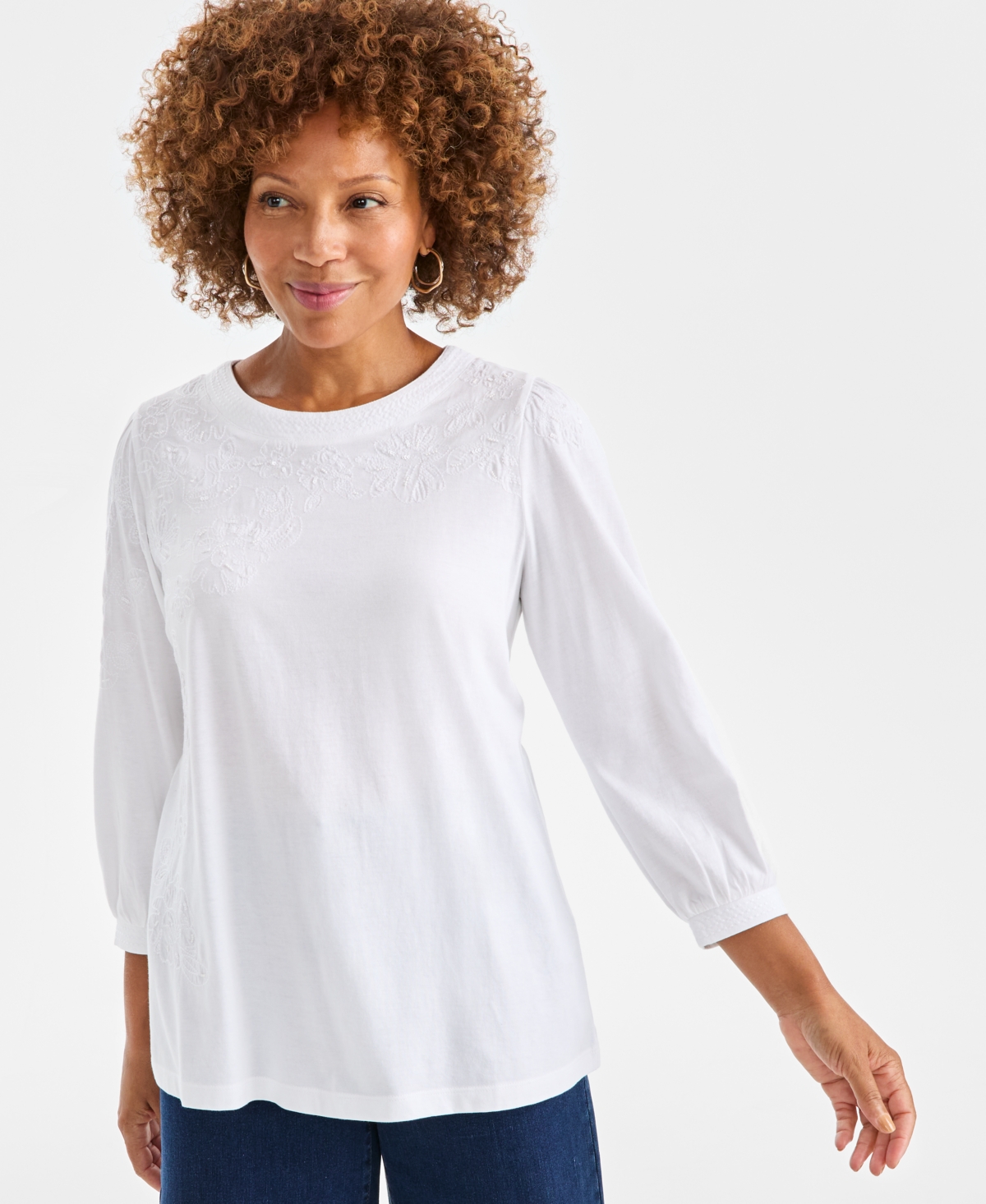 Click here for Style & Co Womens Floral Embroidery Shine Knit Top... prices