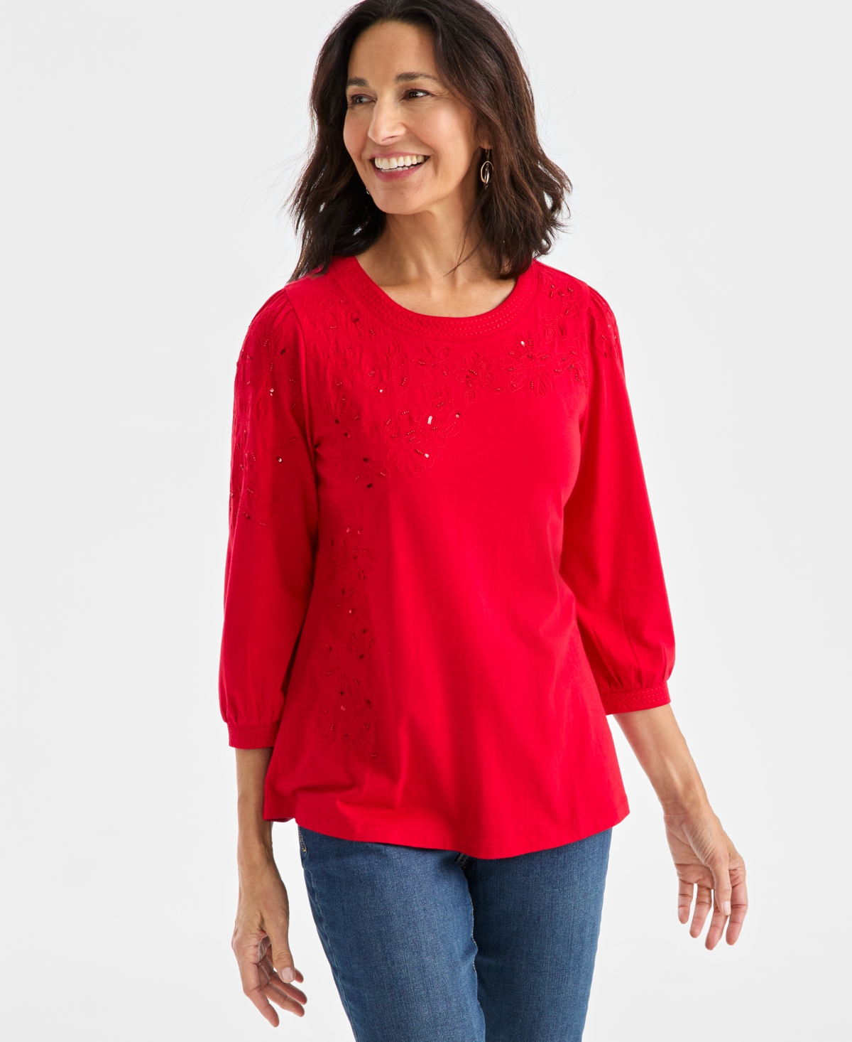 Click here for Style & Co Womens Floral Embroidery Shine Knit Top... prices