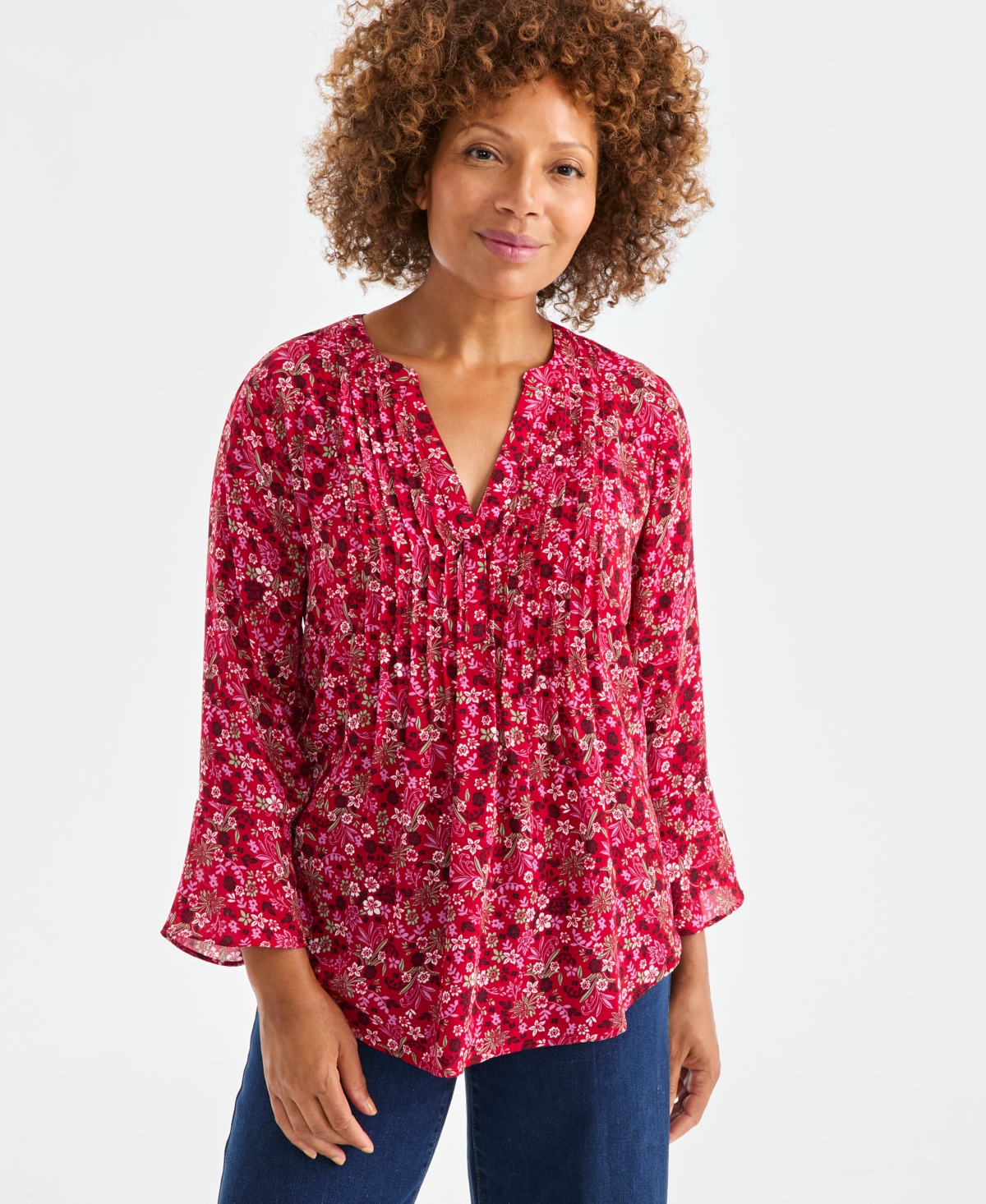 Click here for Style & Co Womens Printed Pintuck Ruffle Sleeve Bl... prices