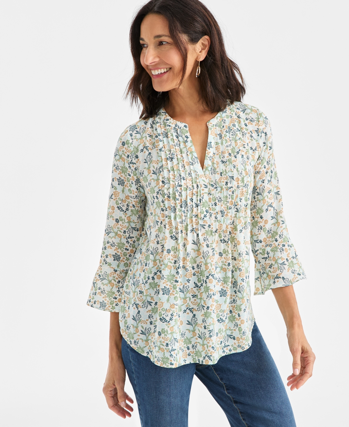 Click here for Style & Co Womens Printed Pintuck Ruffle Sleeve Bl... prices
