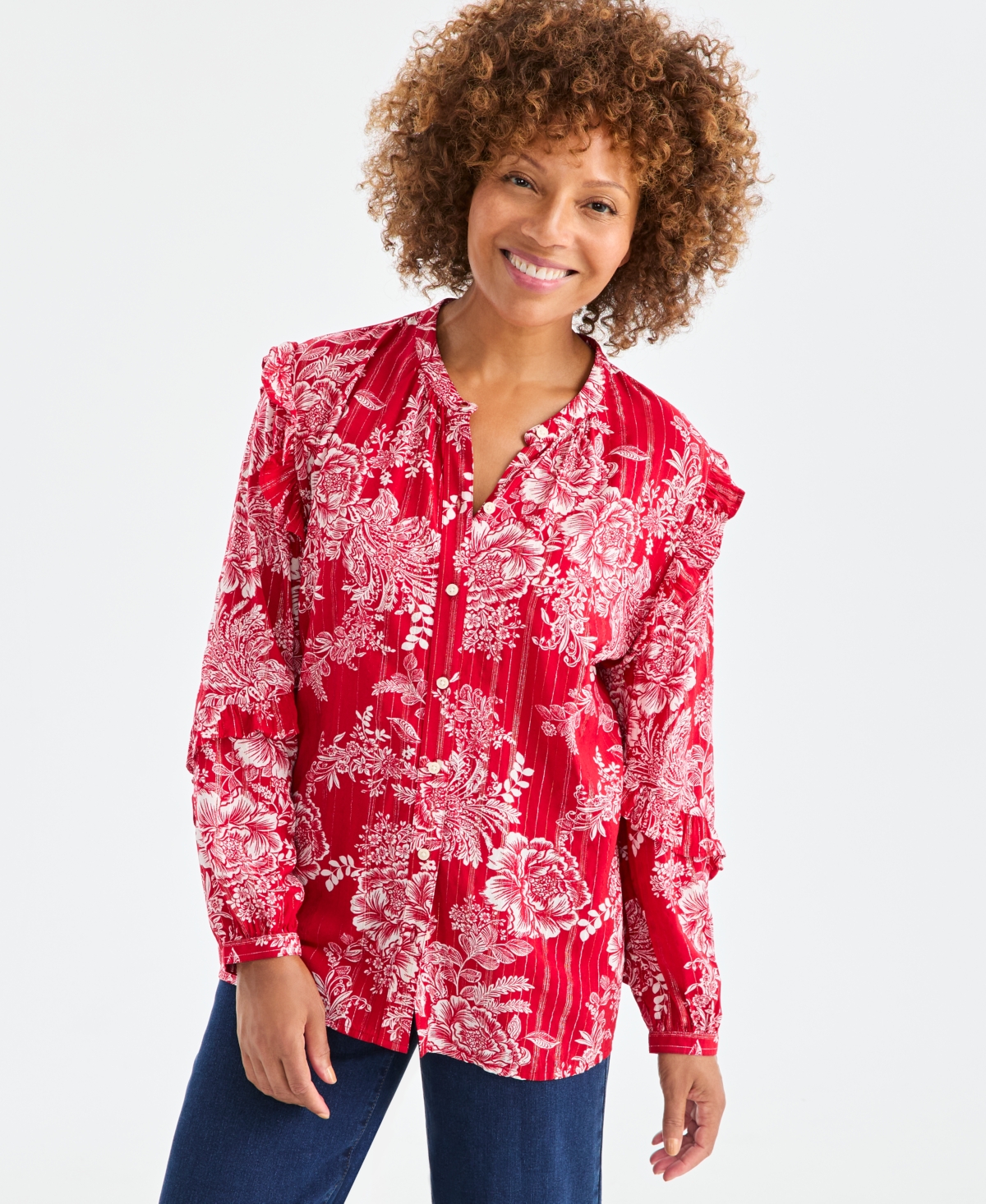 Click here for Style & Co Womens Floral Shine Long Sleeve Blouse... prices