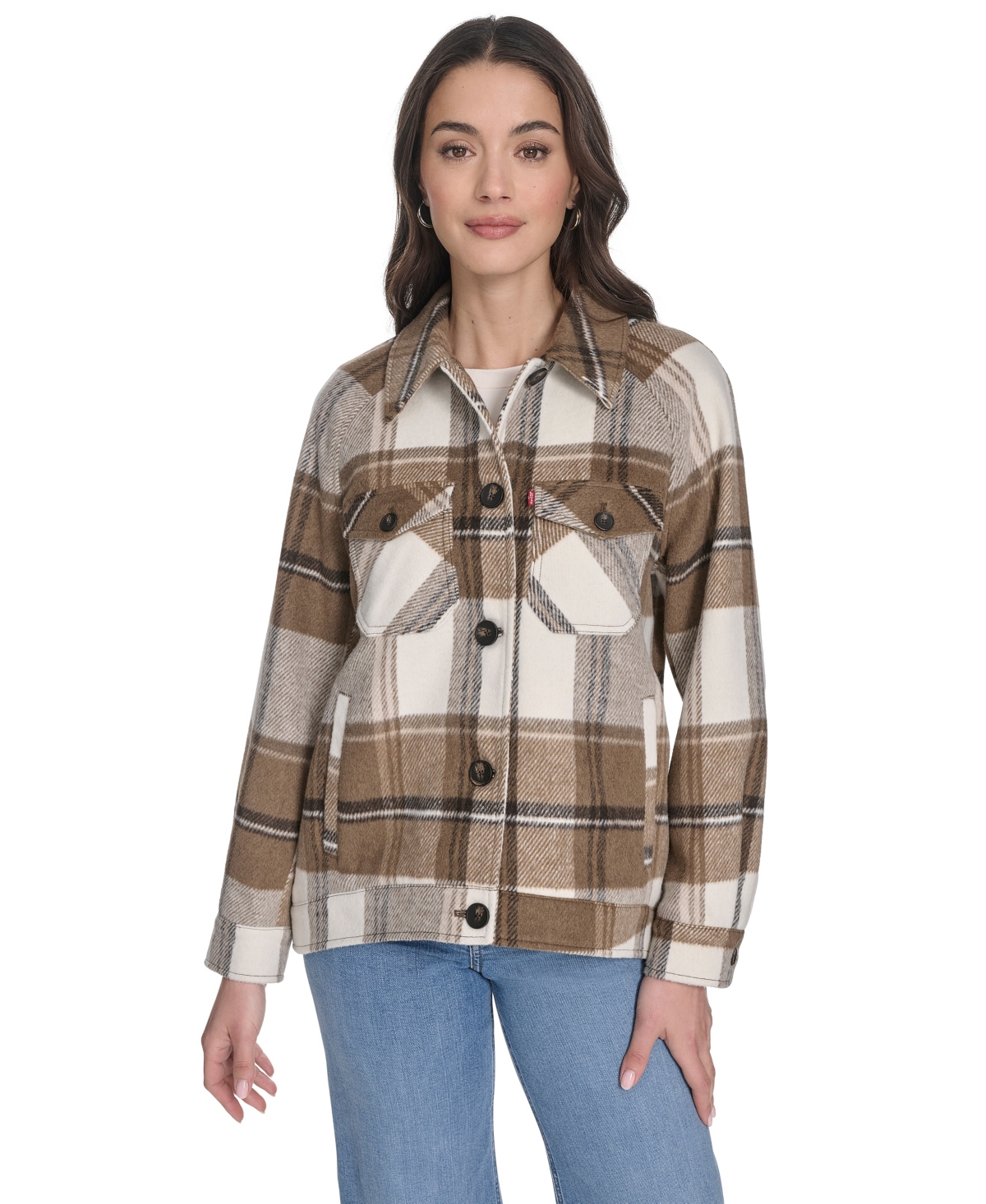 Levis Womens Wool Blend Shirt Jacket - Brown Multi Plaid