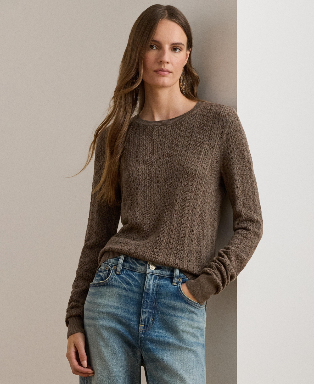 Lauren Ralph Lauren Womens Long Sleeves Pointelle-Knit Sweater - Taupe Brown Heather