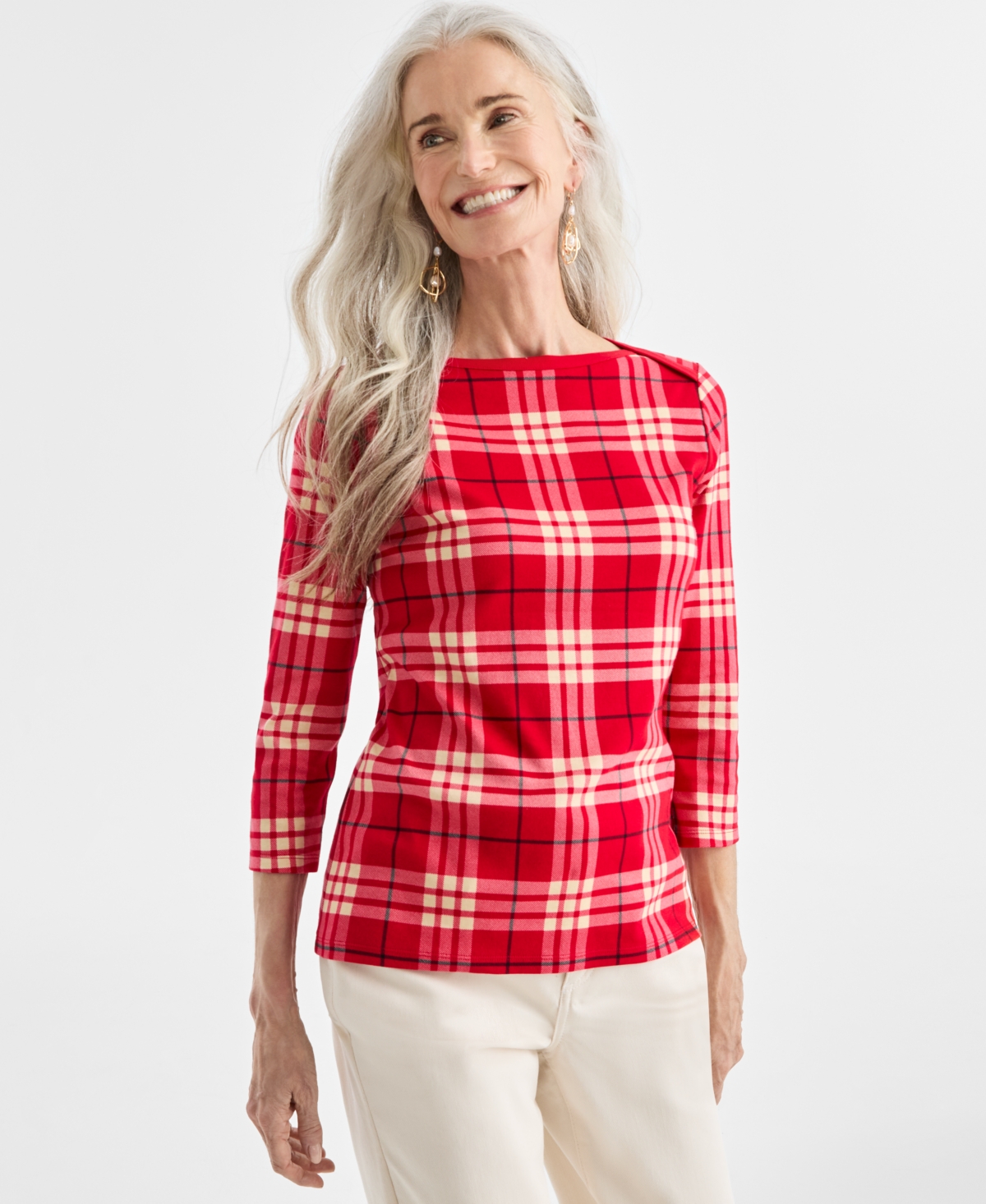 Click here for Style & Co Womens Plaid Pima Cotton 3/4 Sleeve Boa... prices