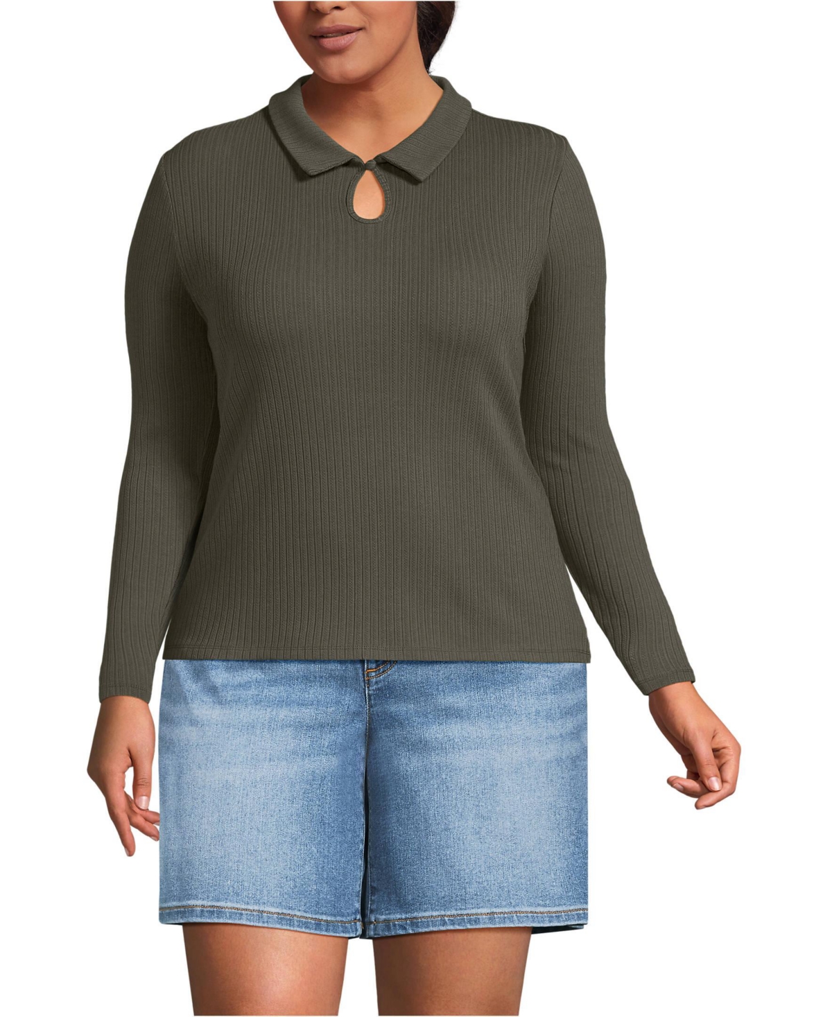 Click here for Lands End Plus Size Long Sleeve Pointelle Rib Keyh... prices