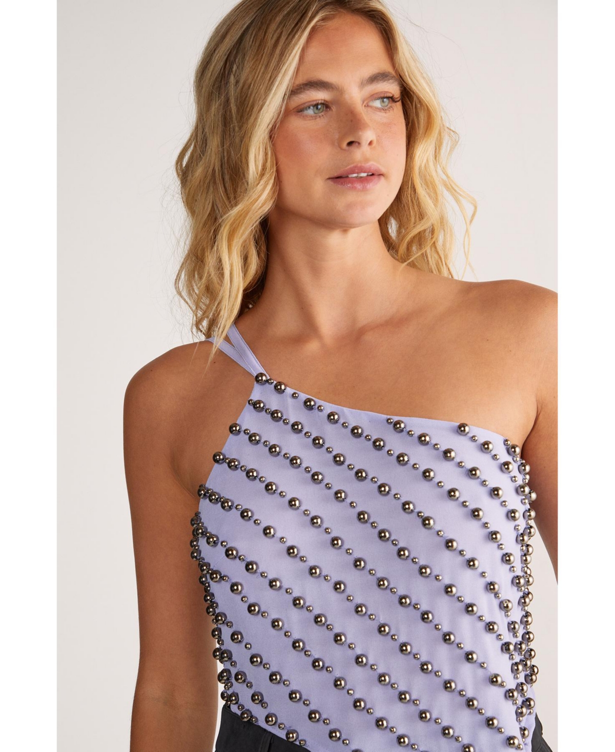Click here for Studded Asymmetric One Shoulder Top - Lilac prices