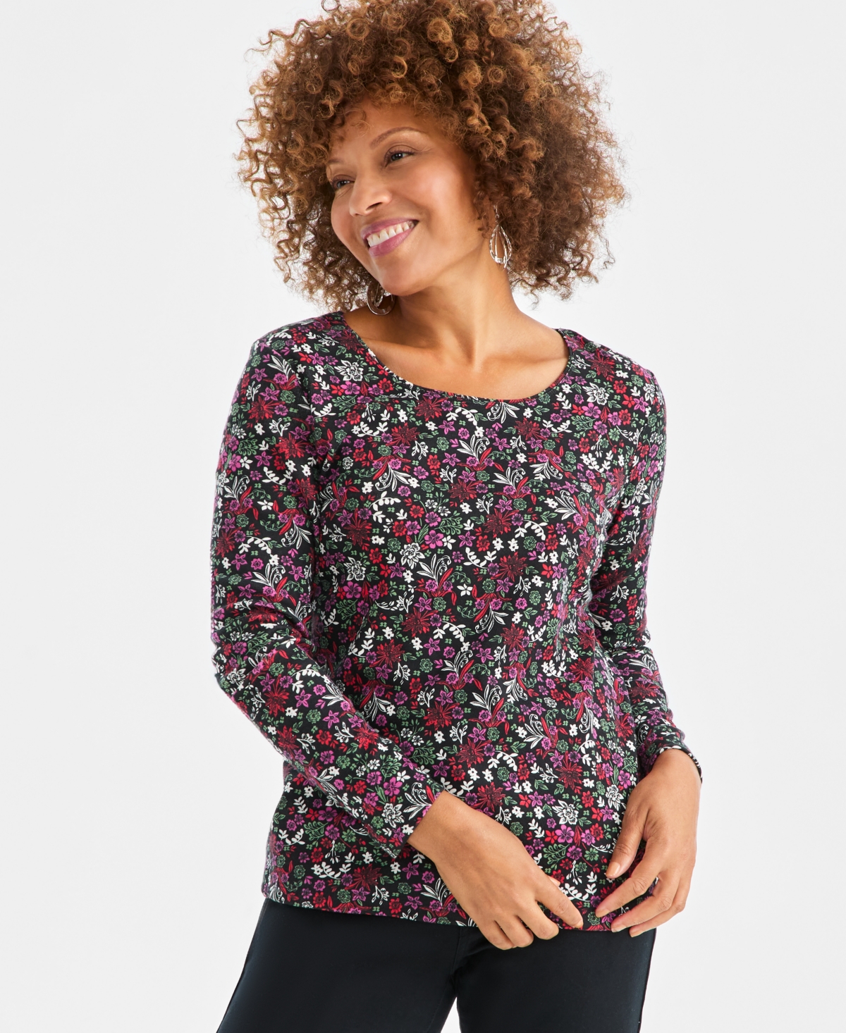 Click here for Style & Co Womens Printed Long-Sleeve Scoop-Neck K... prices