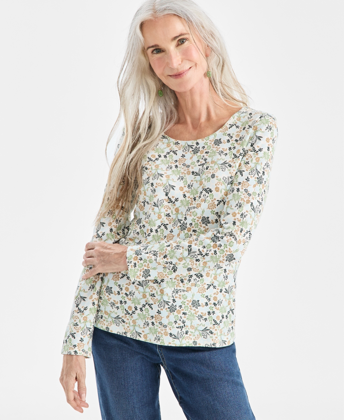 Click here for Style & Co Womens Printed Long-Sleeve Scoop-Neck K... prices