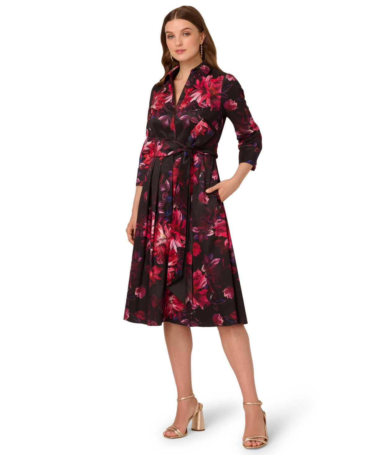 Adrianna Papell Womens Printed Taffeta Shirt Dress - Black Multi