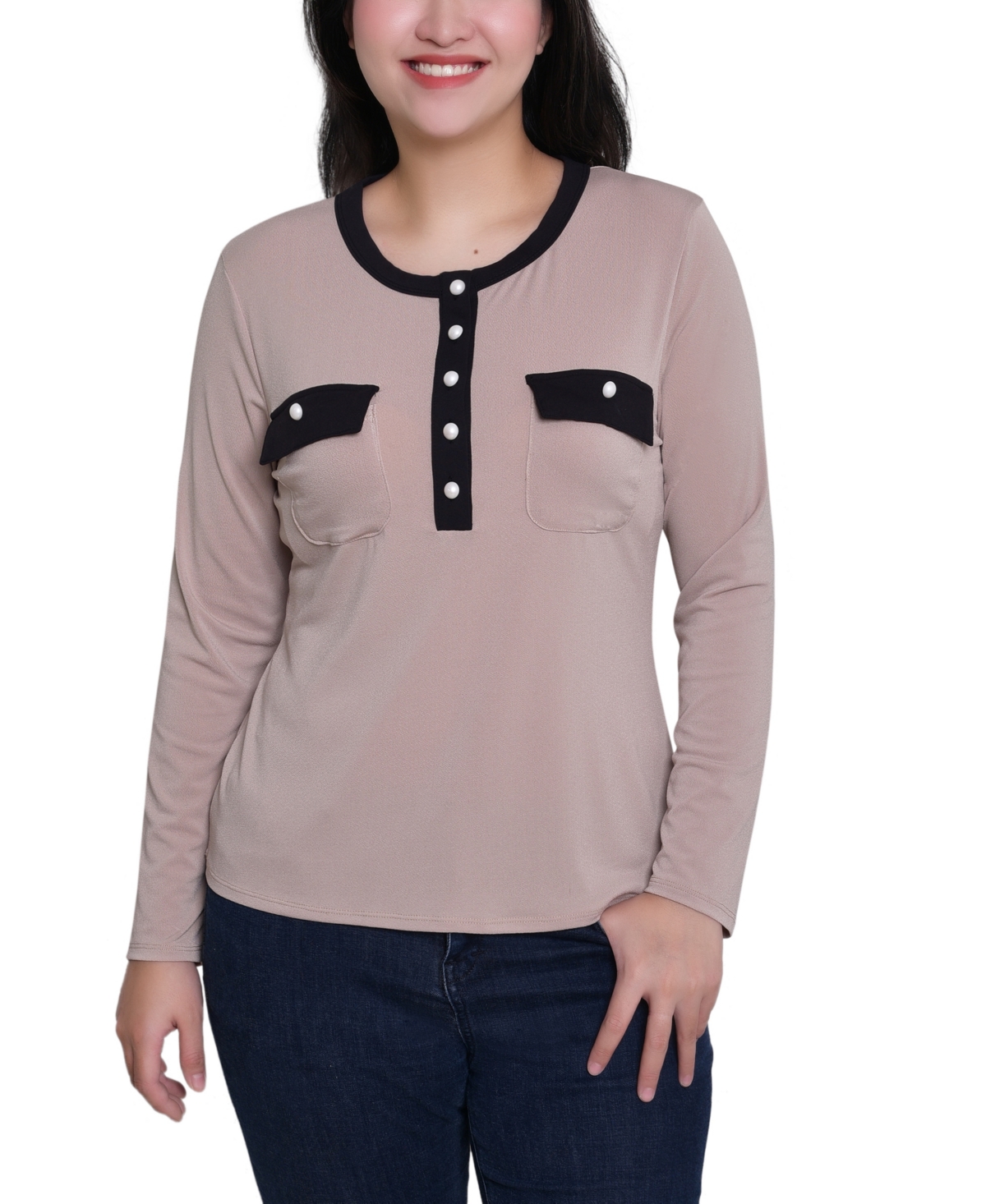 Click here for Ny Collection Womens Long Sleeve Contrast Detail T... prices