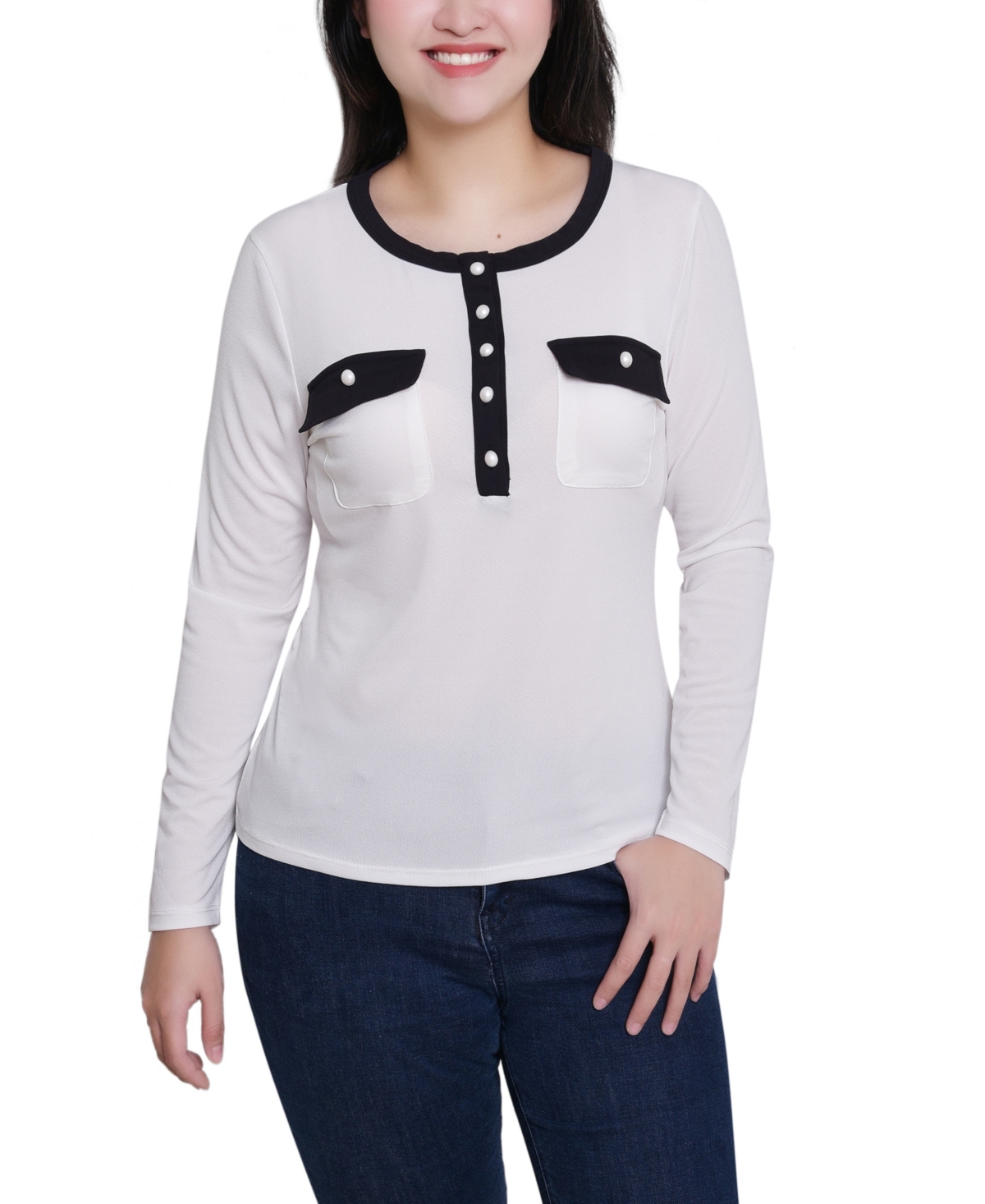 Click here for Ny Collection Womens Long Sleeve Contrast Detail T... prices
