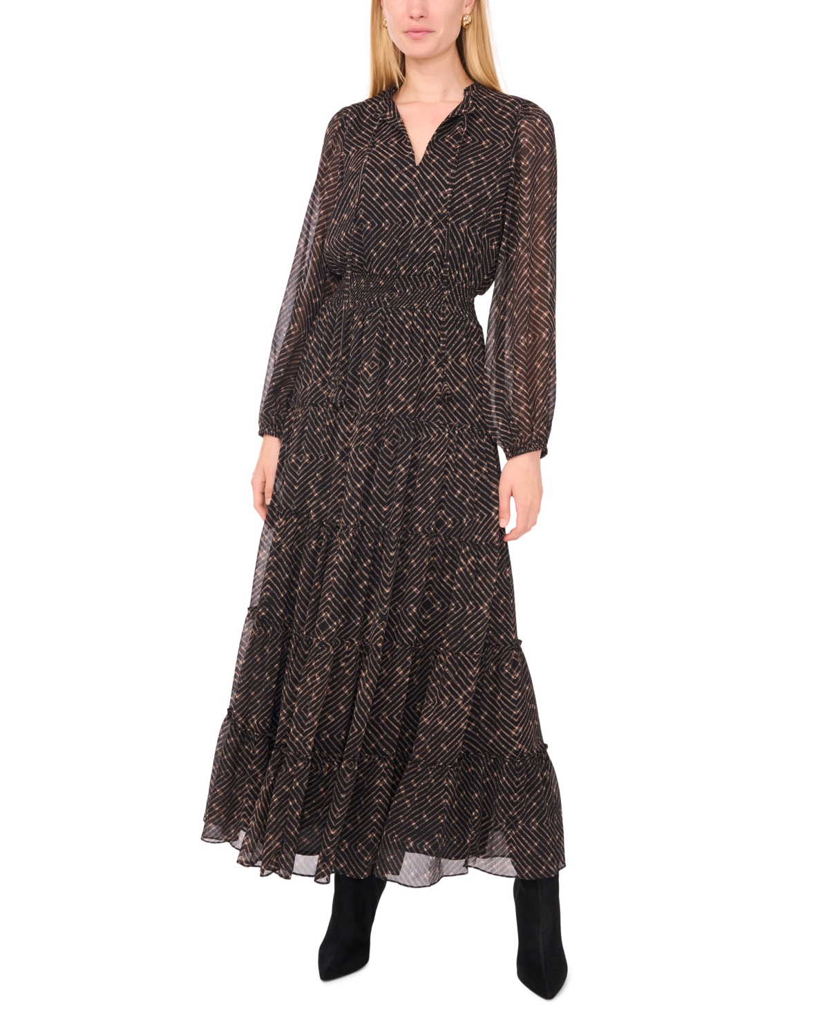 Click here for 1.state Womens Necktie Smocked Waist Tiered Maxi D... prices