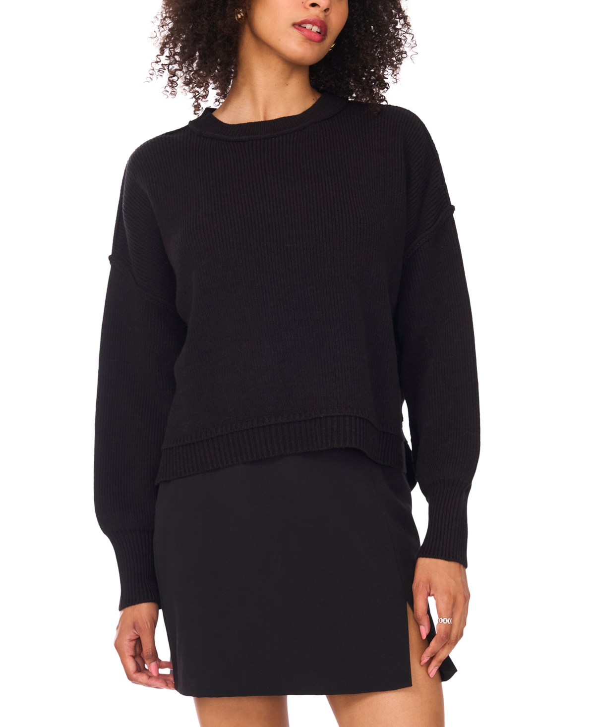 1.state Womens Long Sleeve Drop Shoulder Sweater - Rich Black