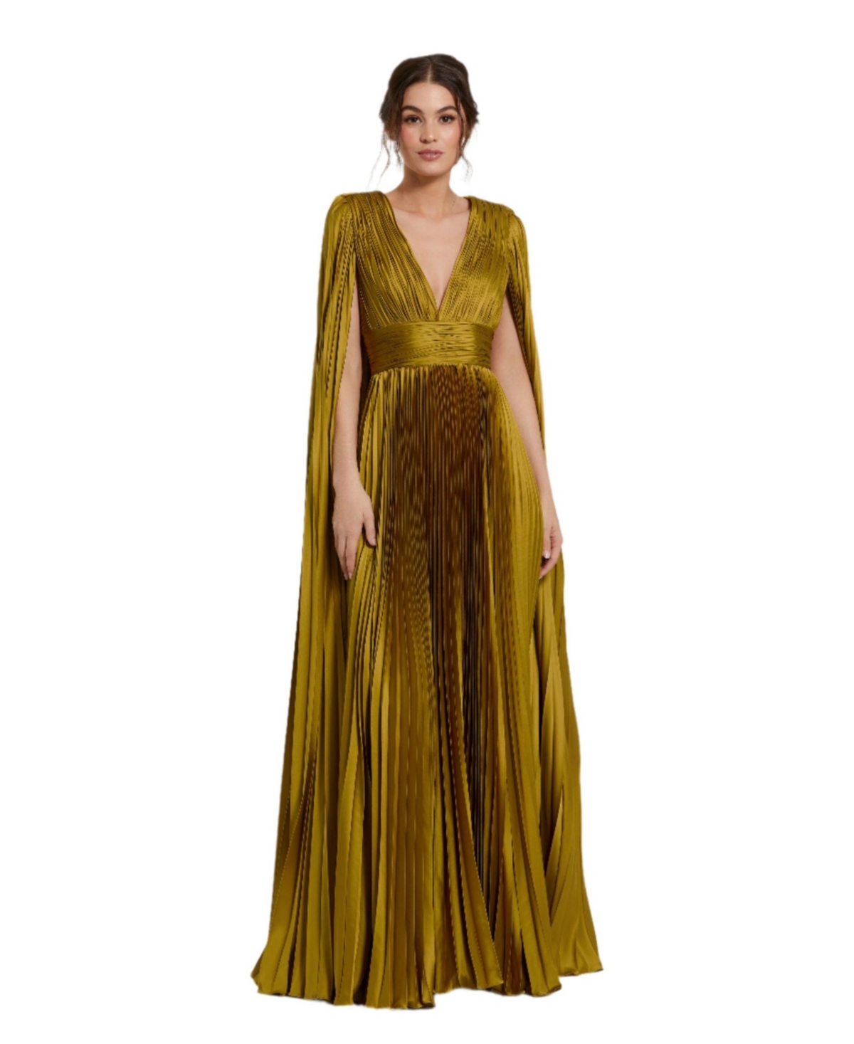 Click here for Womens Pleated Charmeuse V Neck Gown With Cape - C... prices