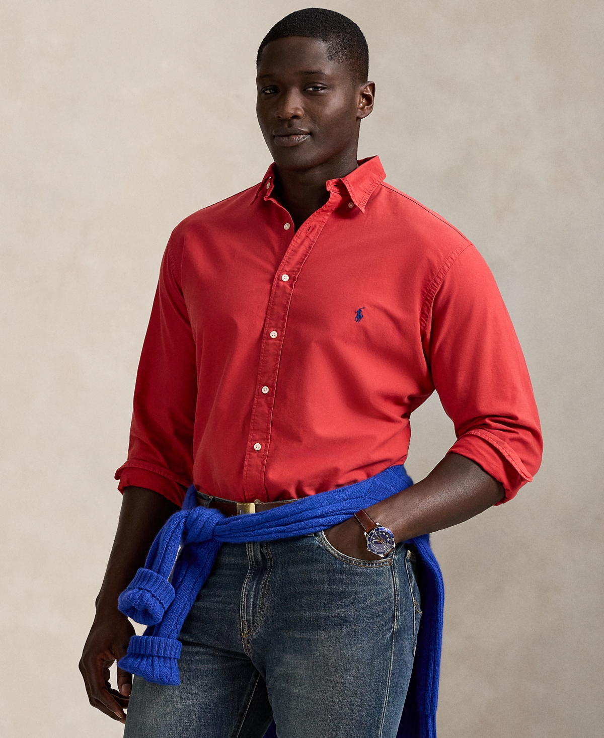 Polo Ralph Lauren Mens Big & Tall Garment-Dyed Oxford Shirt - Red