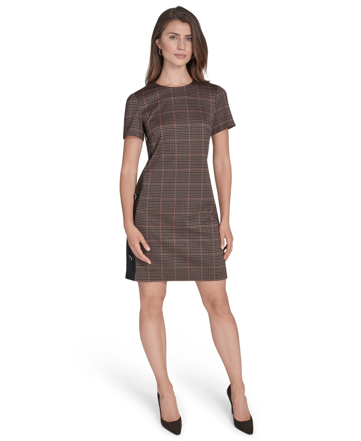 Click here for Halston Womens Micro Houndstooth Button Dress - Bo... prices