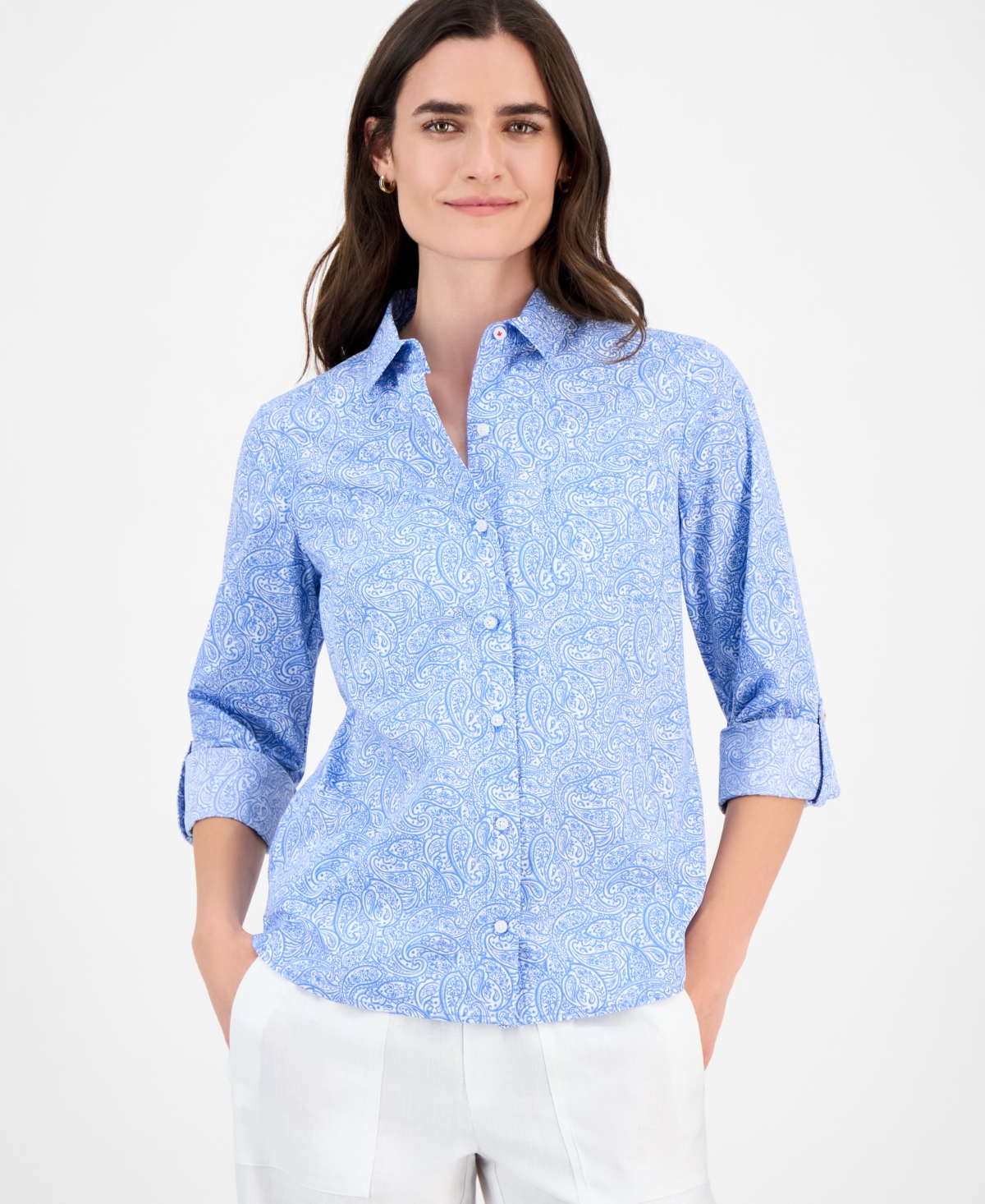 Click here for Nautica Womens Patterned Roll-Tab Shirt - Blue Haz... prices