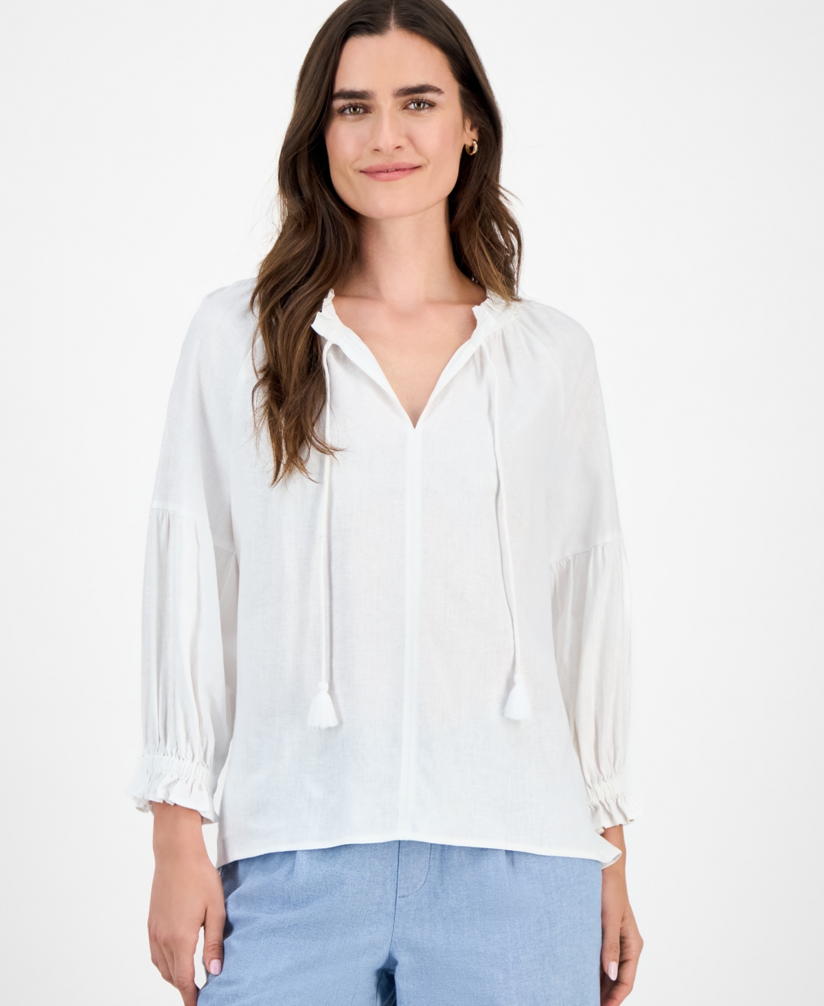 Click here for Nautica Jeans Womens Split-Neck Ruffled-Trim Blous... prices