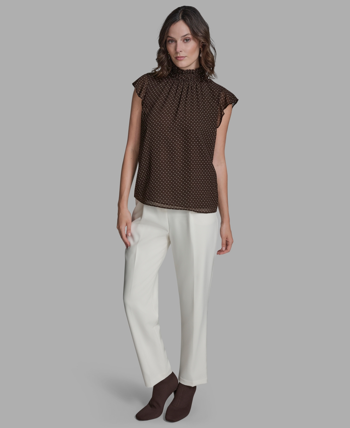 Click here for Bcbg Womens Polka Dot Mock Neck Blouse - Truffle/W... prices
