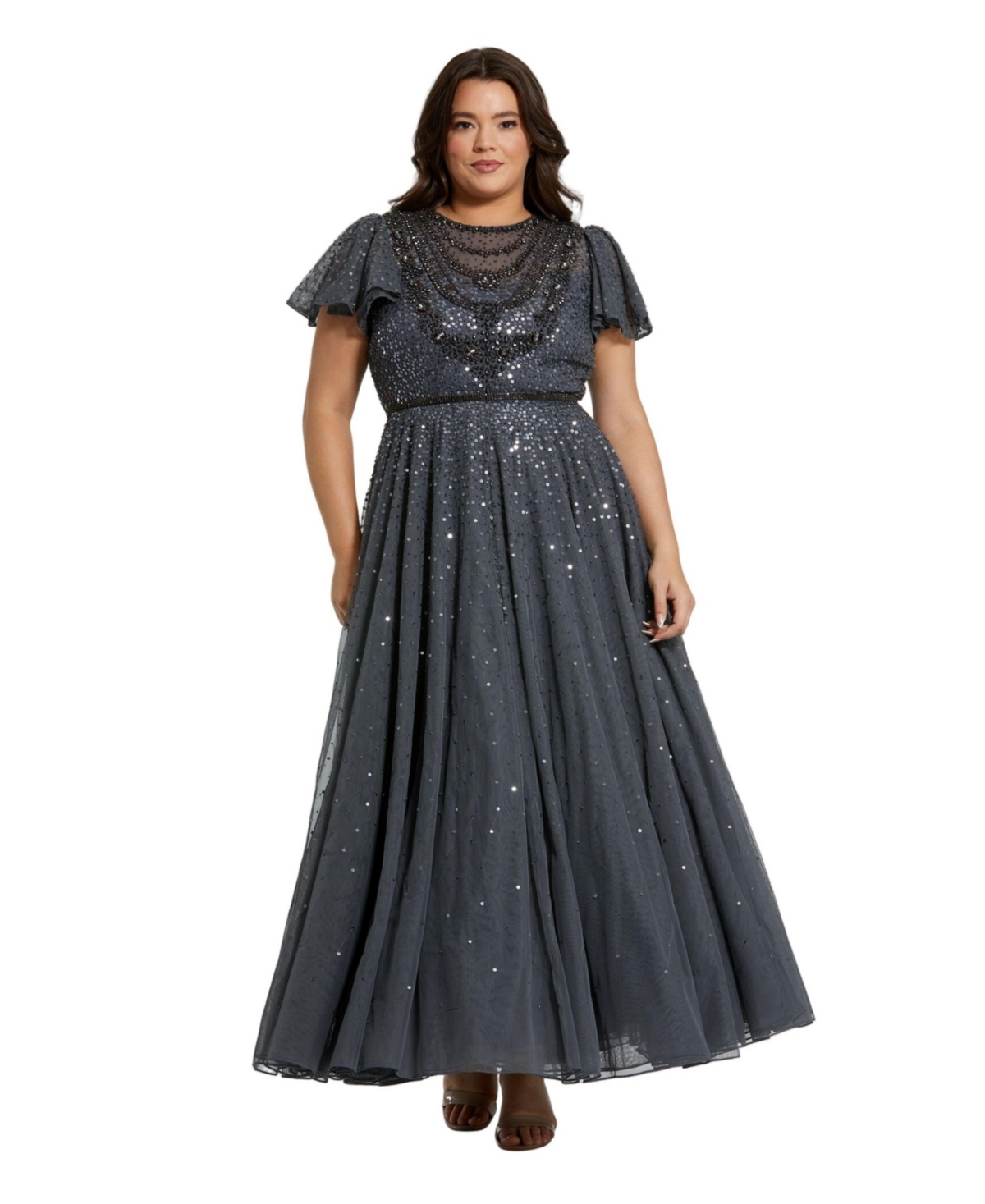 Click here for Mac Duggal Womens Sheer Flutter Sleeve Beaded Fluf... prices