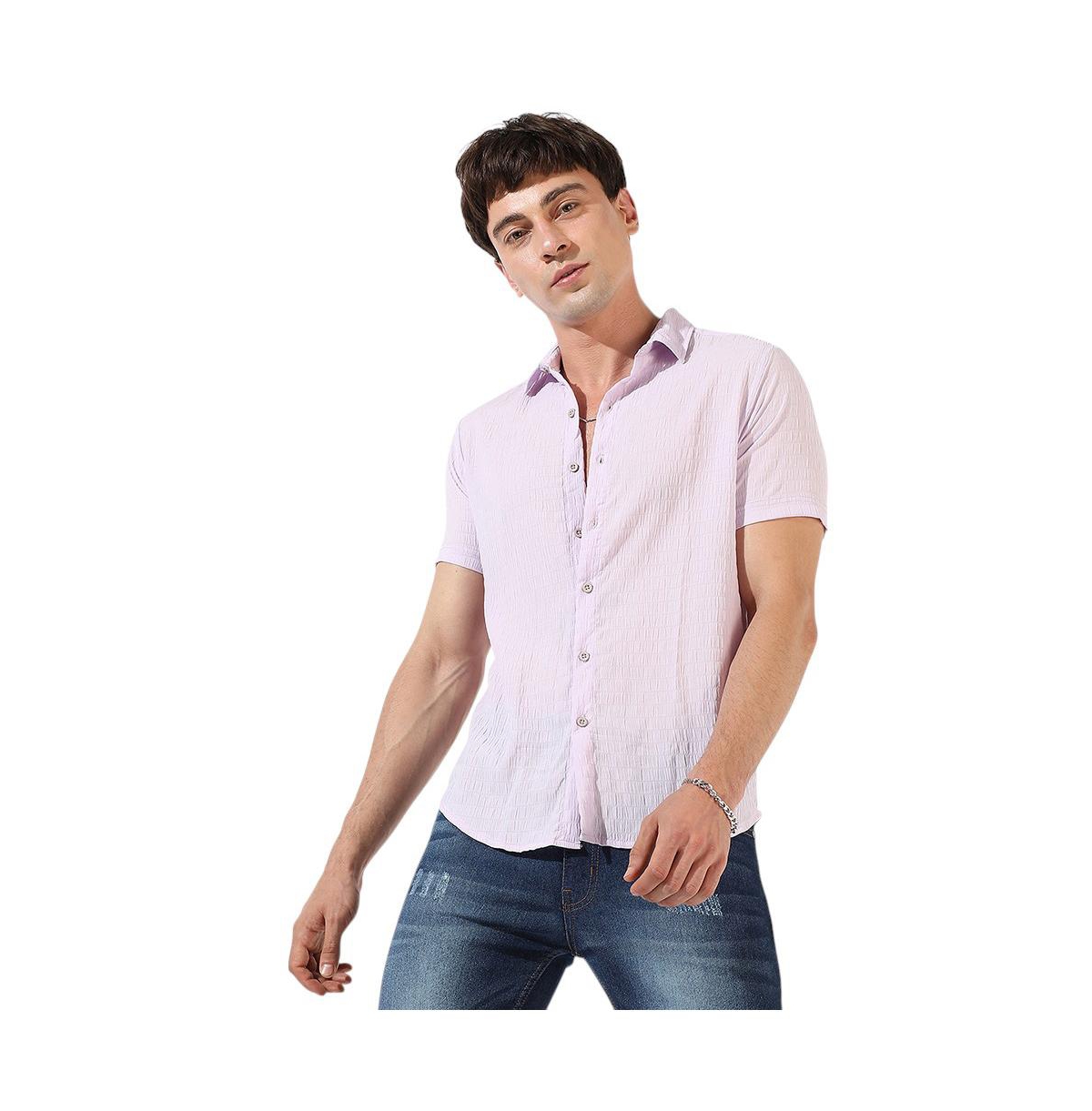 Click here for Campus Sutra Mens Lavender Textured Regular Fit Ca... prices