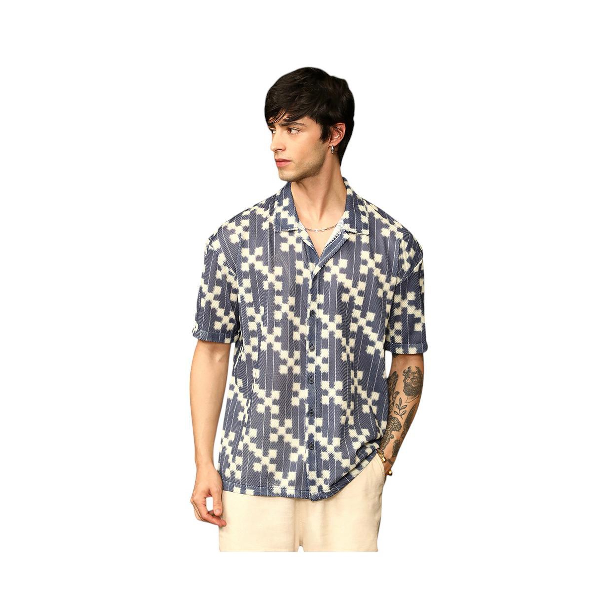 Click here for Campus Sutra Mens Dice Mesh Oversized Shirt - Blue prices