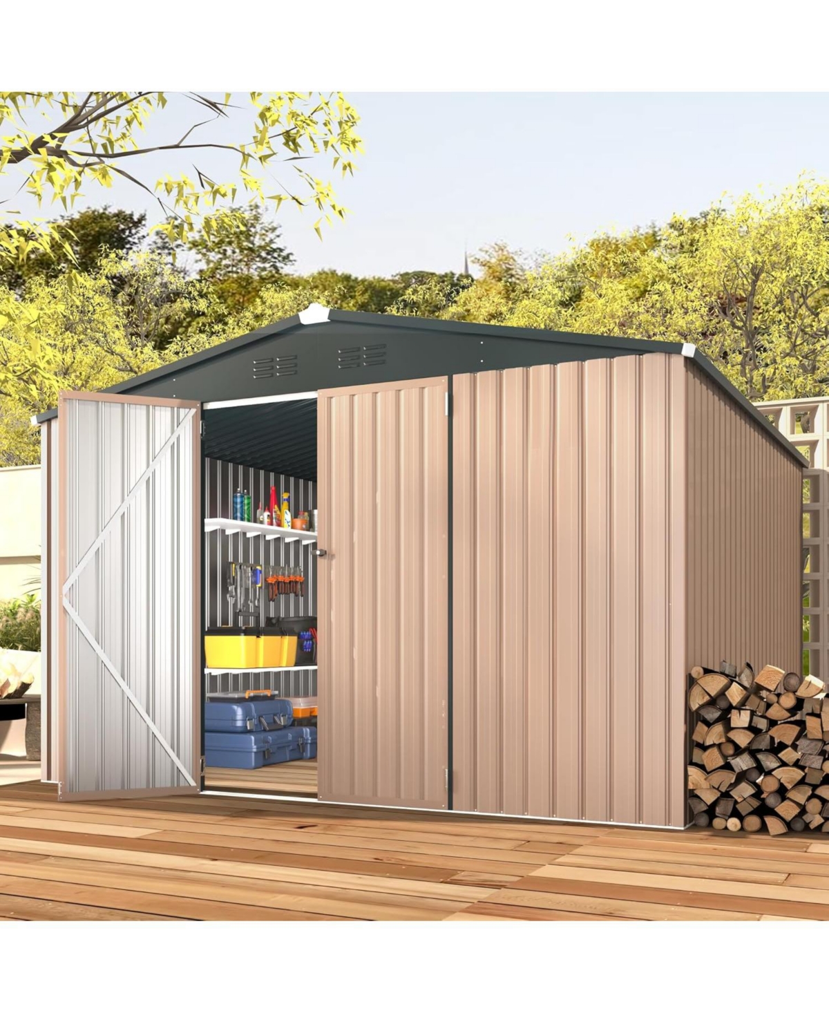 Click here for Aecojoy 10x10 Outdoor Storage Shed - Brown and gre... prices