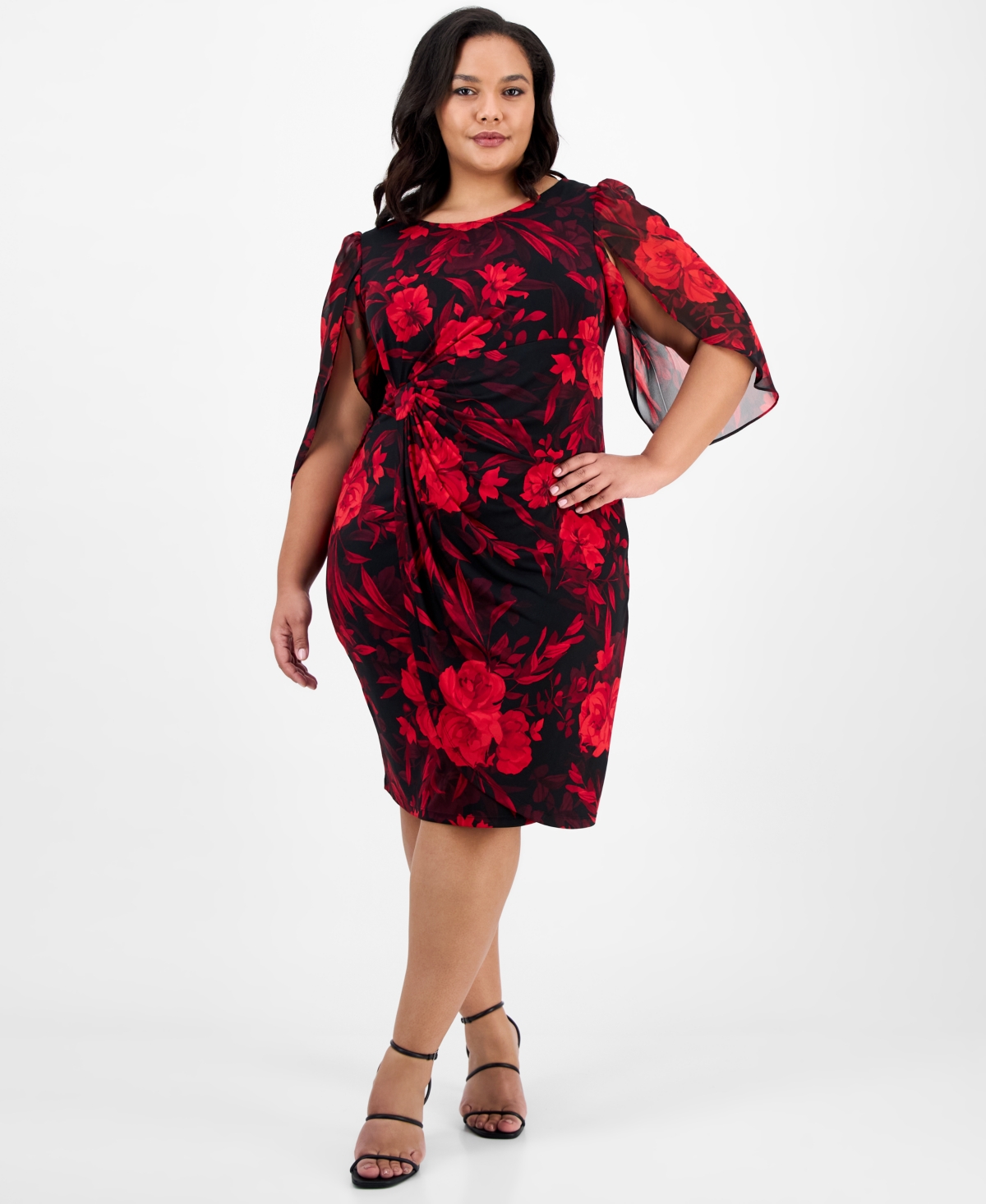 Click here for Connected Plus Size Printed Cape-Sleeve Sheath Dre... prices