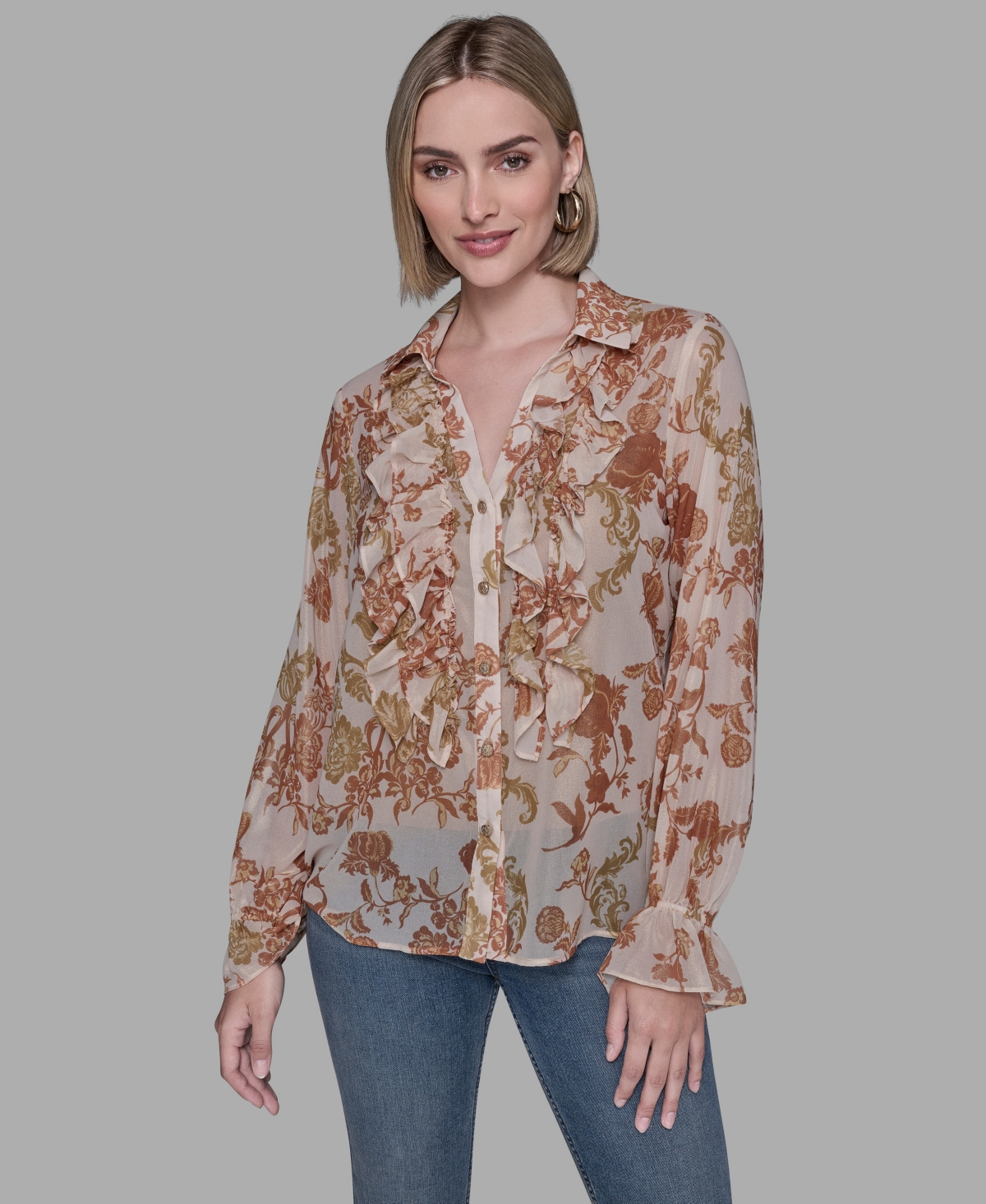 Karl Lagerfeld Paris Womens Printed Ruffled Long Sleeves Blouse - Birch Multi