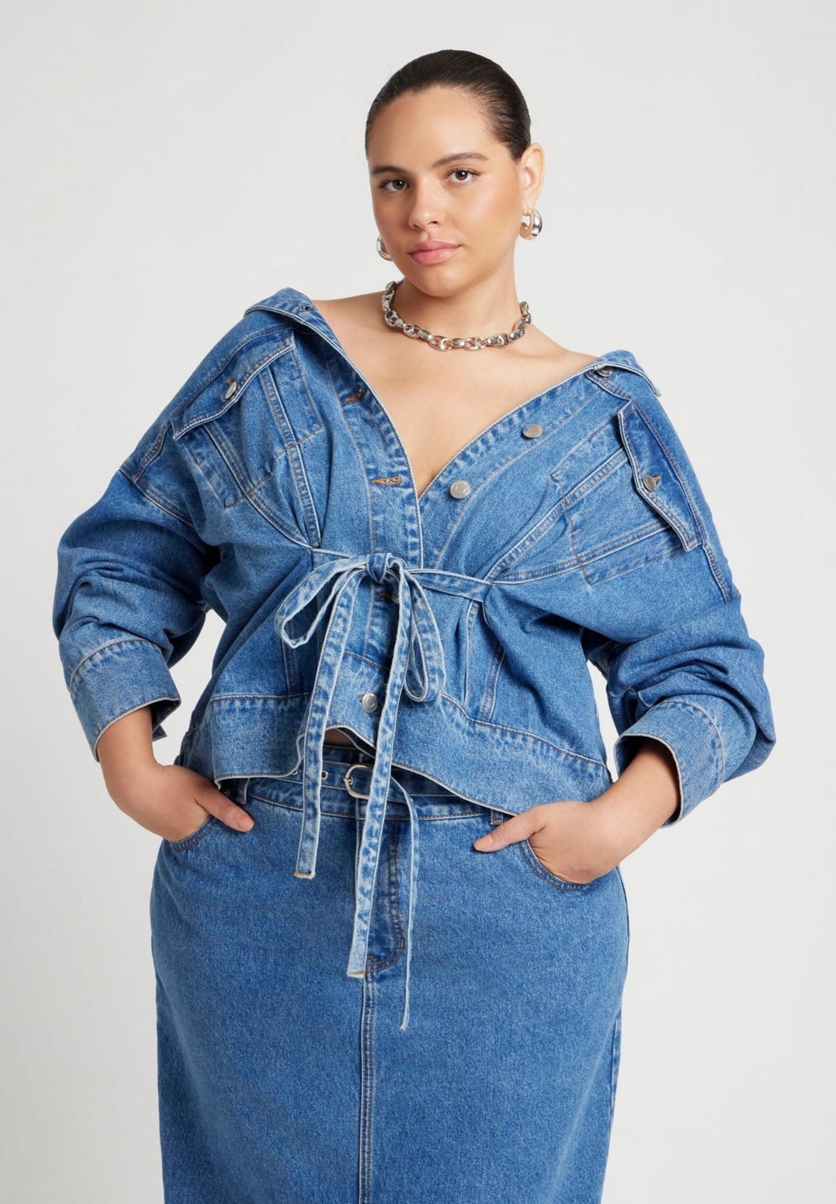 Click here for Eloquii Womens Denim Jacket With Cinched Waist - M... prices