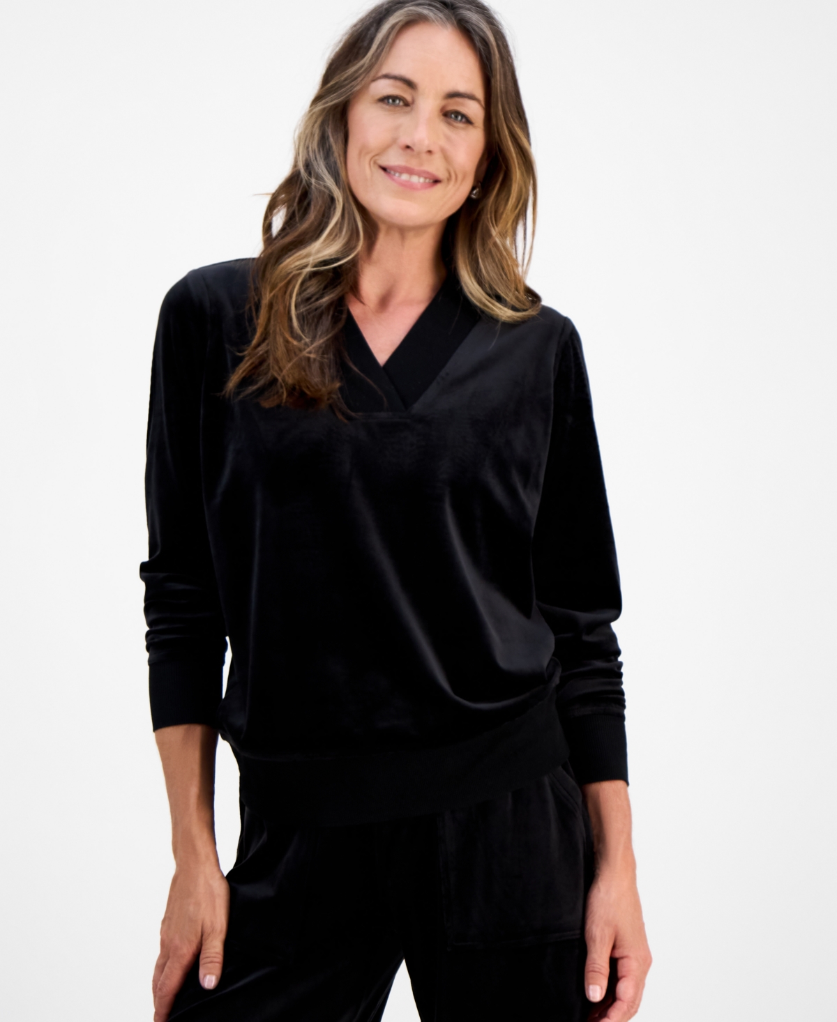 Click here for Style & Co Petite Easy V-Neck Long-Sleeve Velour T... prices