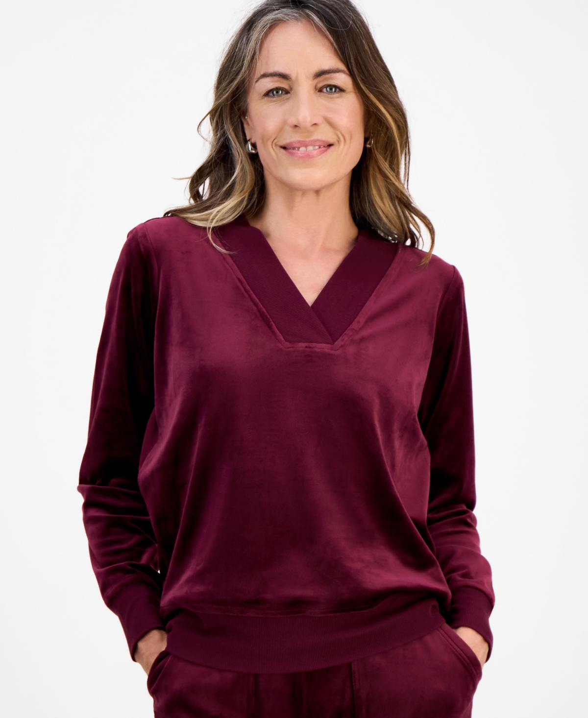 Click here for Style & Co Petite Easy V-Neck Long-Sleeve Velour T... prices