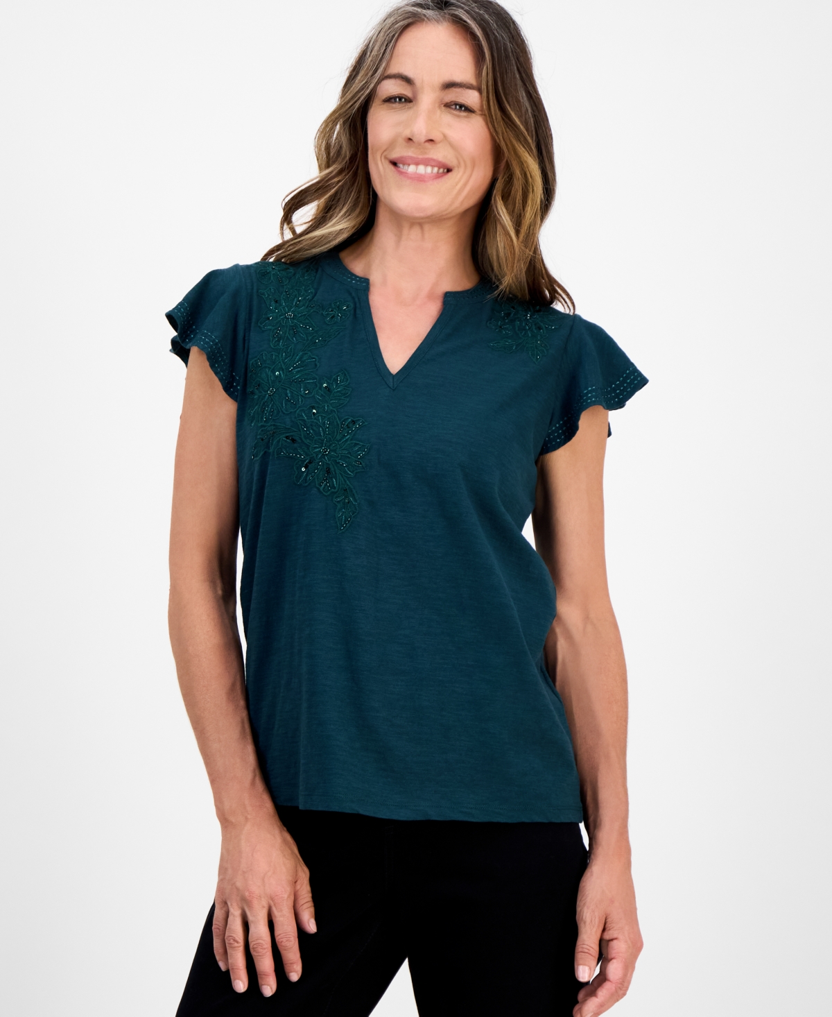 Click here for Style & Co Petite Cotton Embroidered Flutter-Sleev... prices