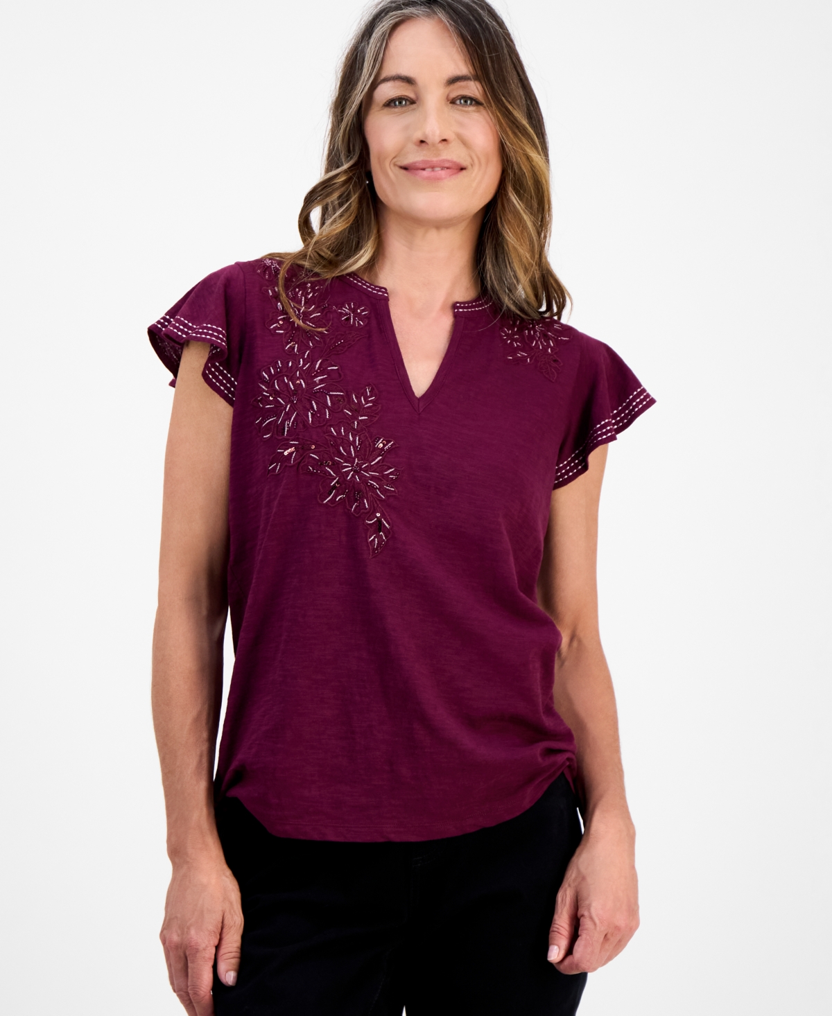 Click here for Style & Co Petite Cotton Embroidered Flutter-Sleev... prices