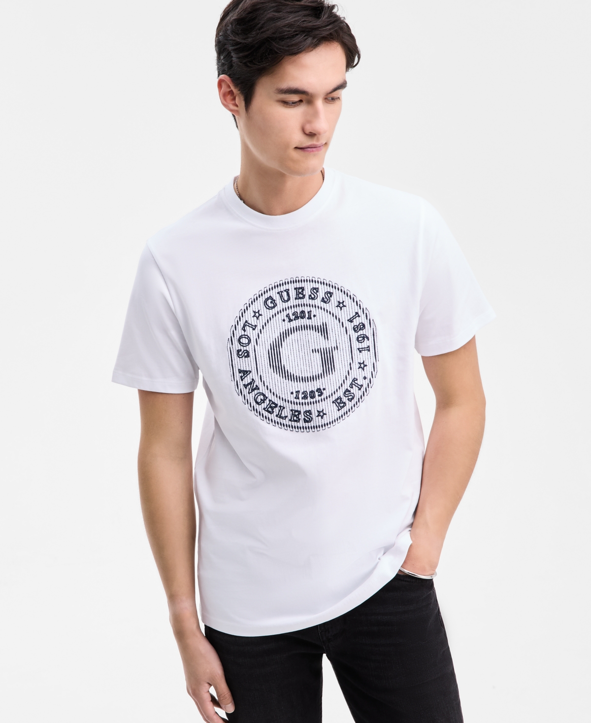 Click here for Guess Mens Embroidered Big G Logo T-Shirt - Pure W... prices