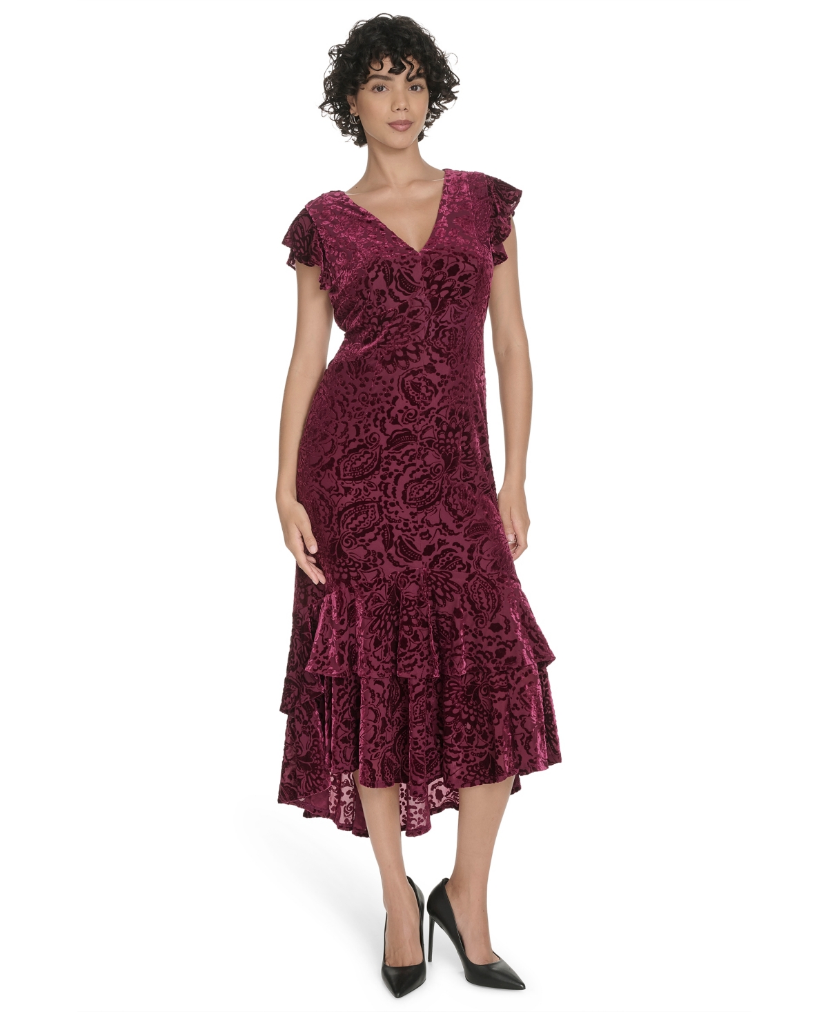 Tommy Hilfiger Womens Burnout Velvet Ruffled High-Low Dress - Ruby