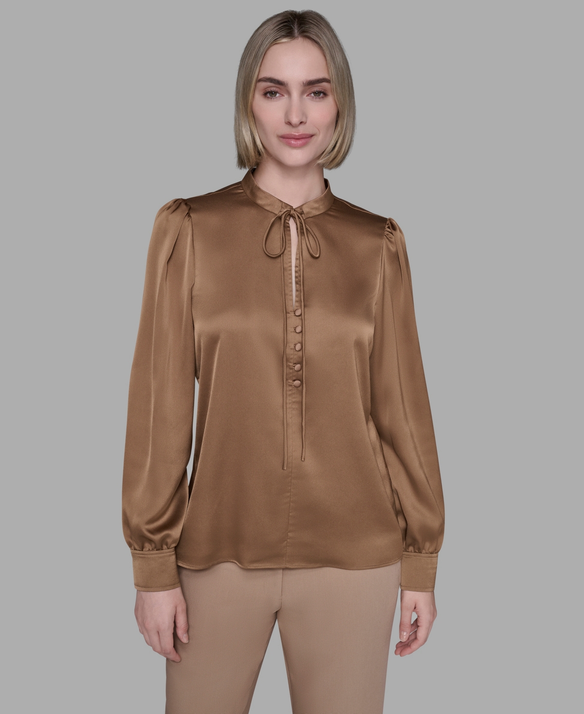 Click here for Karl Lagerfeld Paris Womens Tie Neck Top - Vicuna prices
