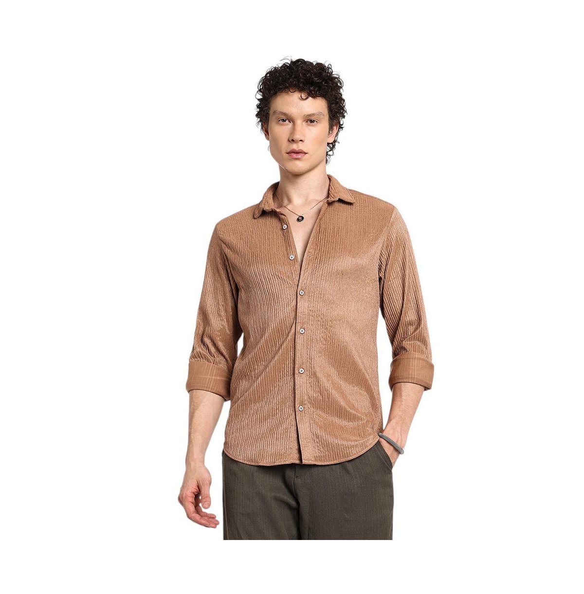 Click here for Campus Sutra Mens Camel Beige Solid Creased Shirt... prices