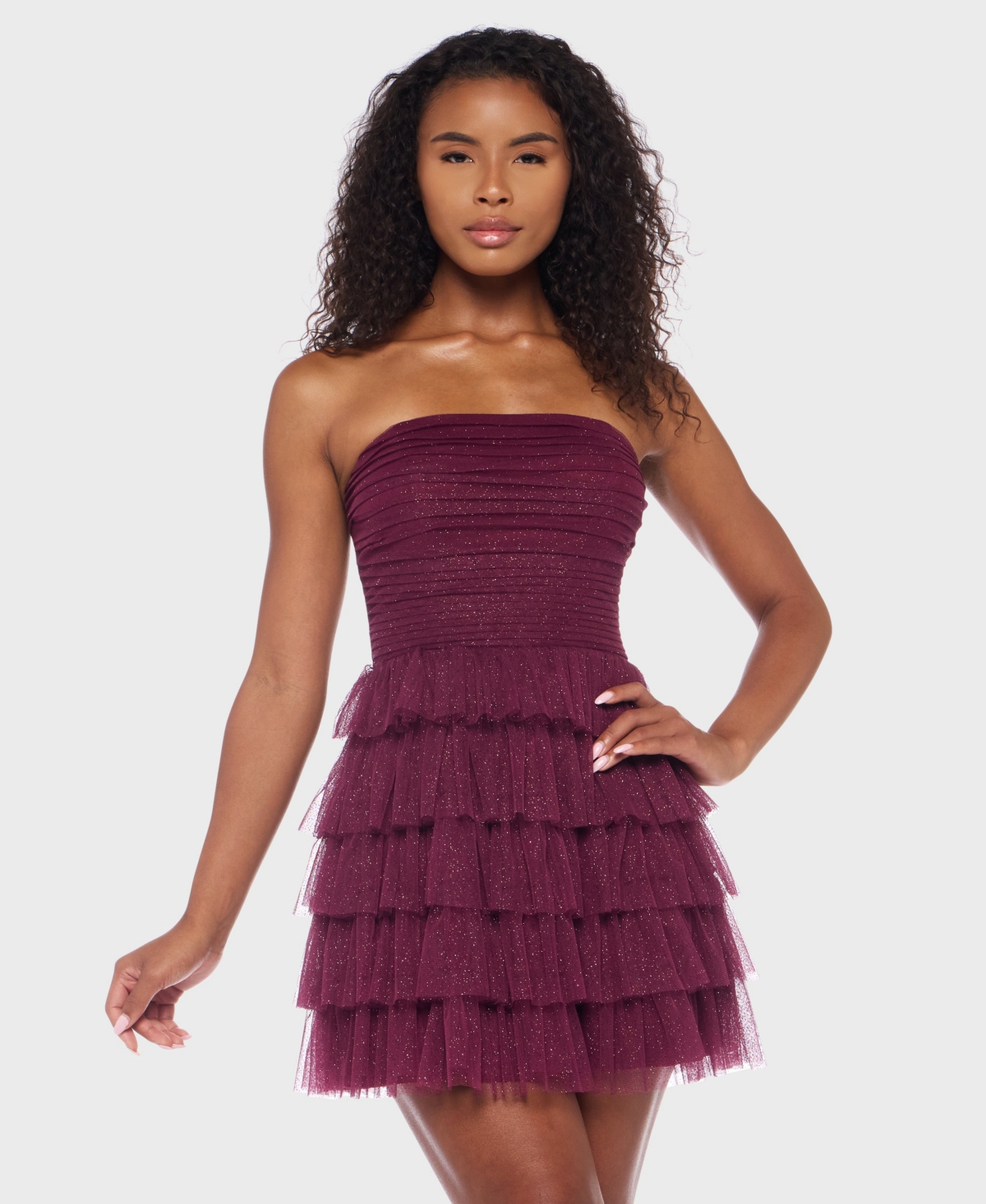 Click here for B Darlin Juniors Strapless Side-Shirred Tiered Gli... prices