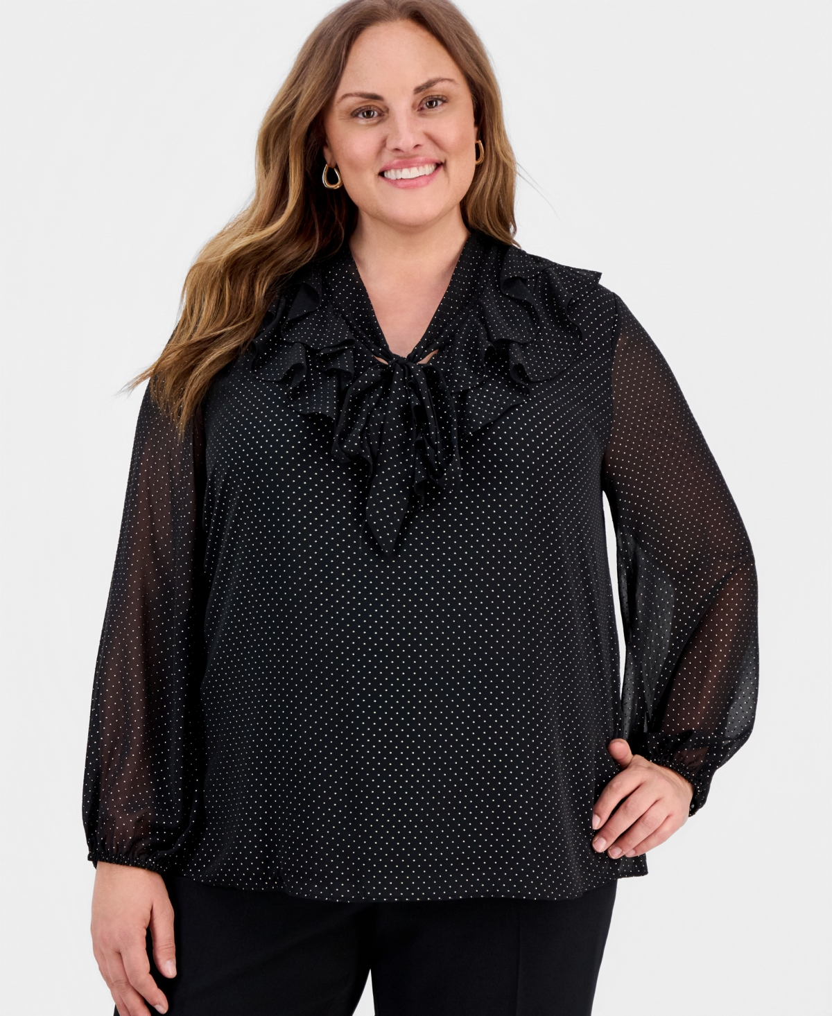 Kasper Plus Size Gold Foil Dot Print Tie-Neck Blouse - Black/Gold